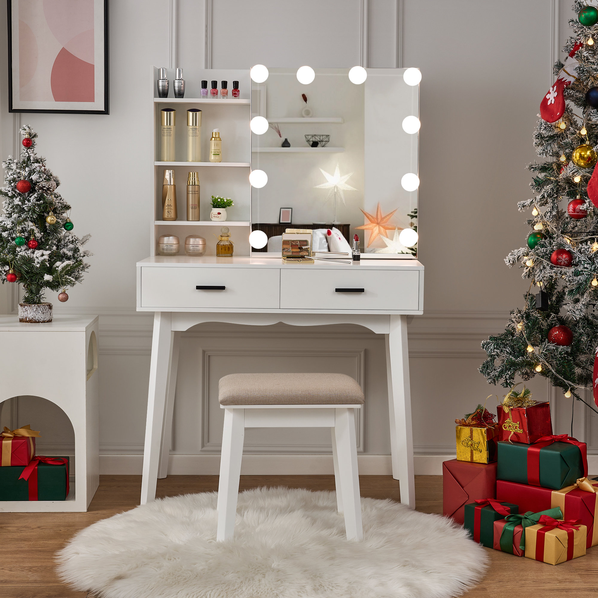 George Oliver White Small Vanity Desk With Sliding Mirror & 10 Led ...