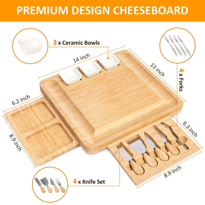 Gracie Oaks Charcuterie Board Set - Cheese Board With 2 Drawers, Bamboo ...