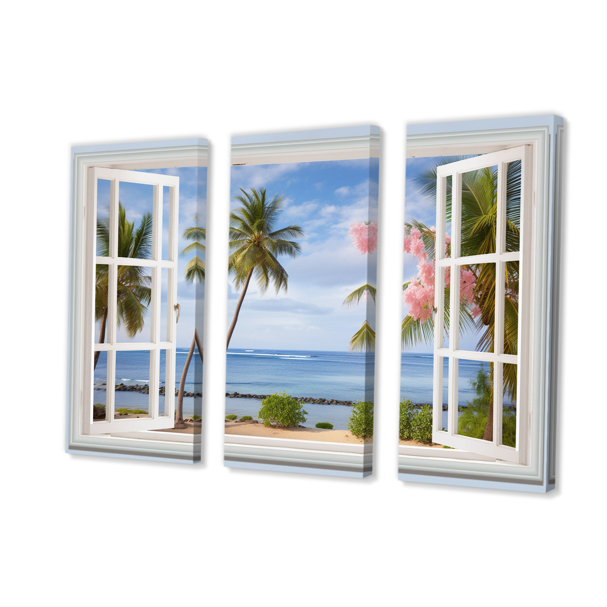 Design Art Oceanview Through Open White Window III - Coastal Wall Art ...