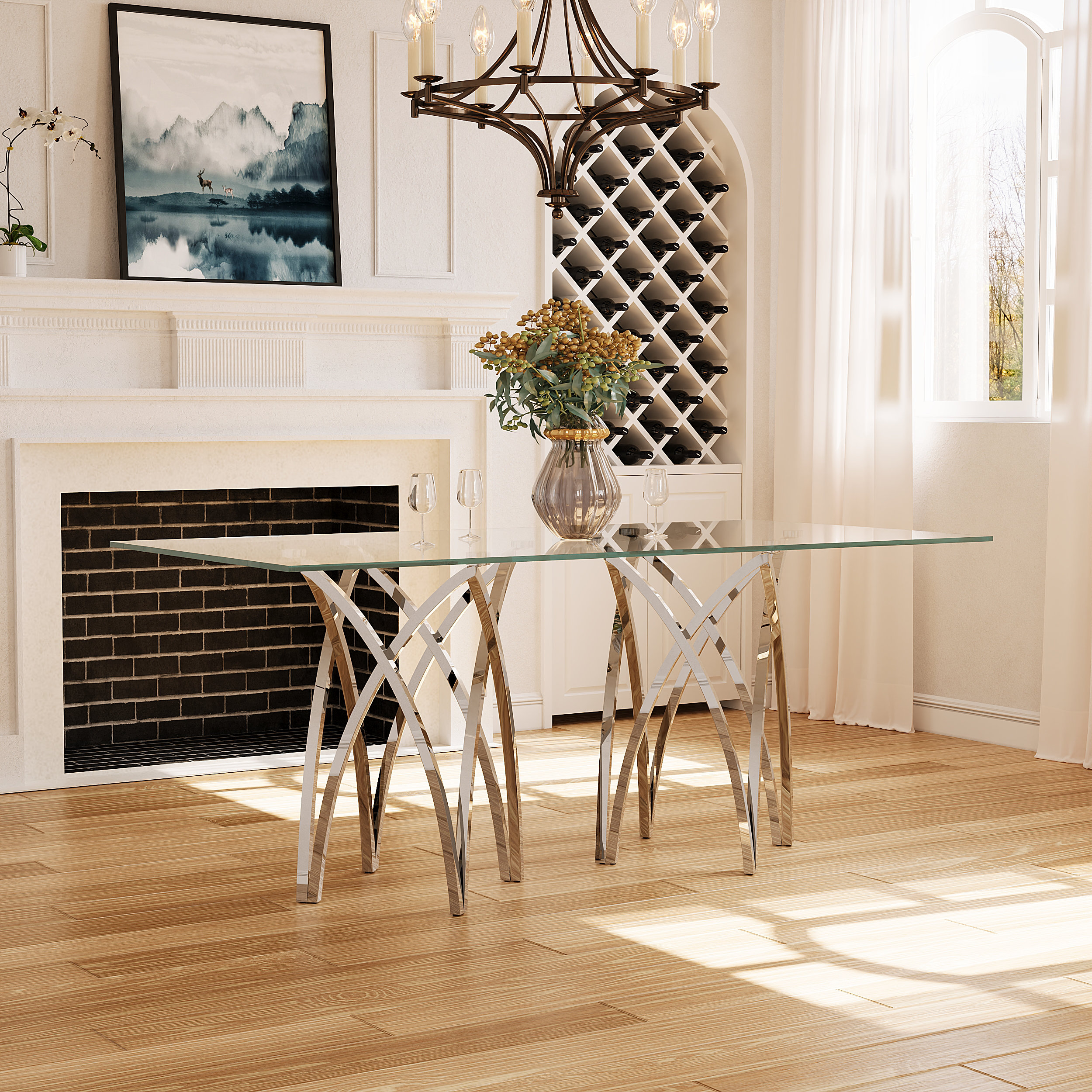 Wrought Studio™ Clear Glass Dining Table With Mirrored Silver Crown ...