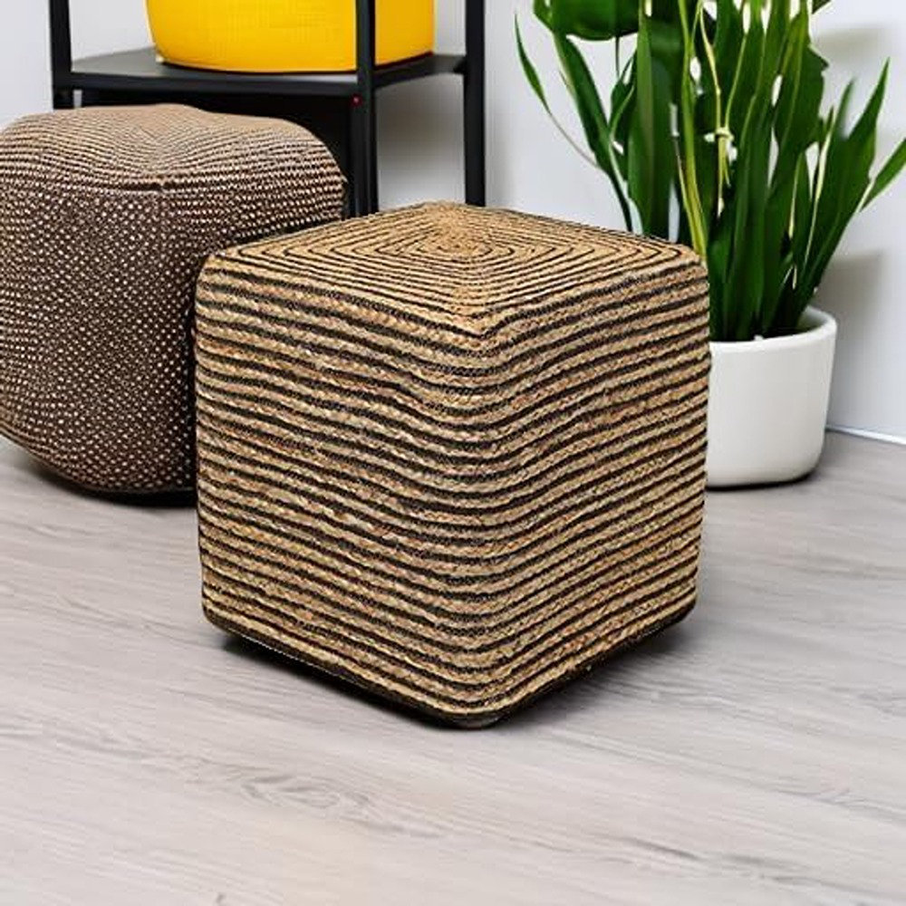 Dakota Fields Cube Pouf Foot Stool Ottoman - Jute Braided Pouffe Poof ...
