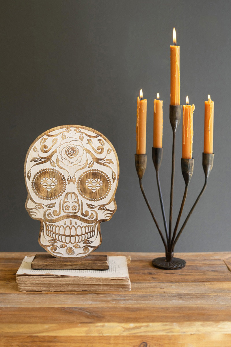 The Holiday Aisle® Carved Wooden Halloween Table Top Skull | Wayfair