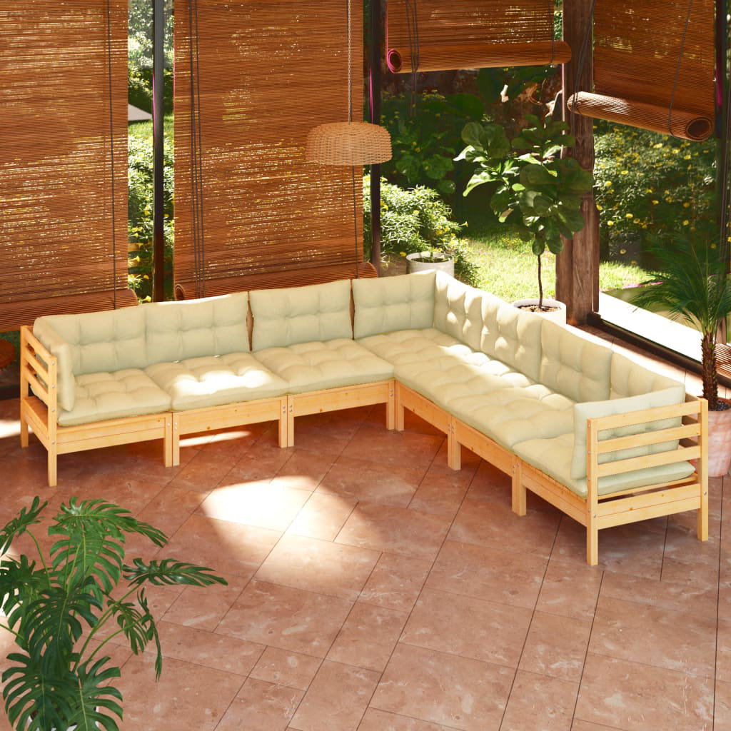 Gracie Oaks 7 Piece Patio Lounge Set With Cream Cushions Solid Pinewood ...
