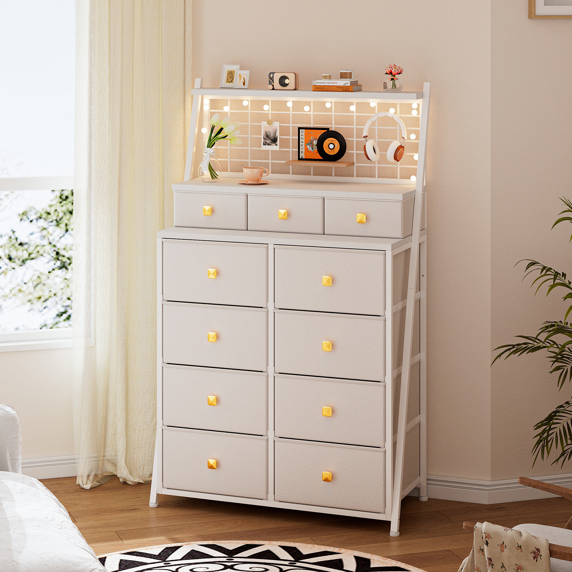 Wrought Studio™ 11 Drawers Tall Dresser With Metal Mesh Shelf And Led ...