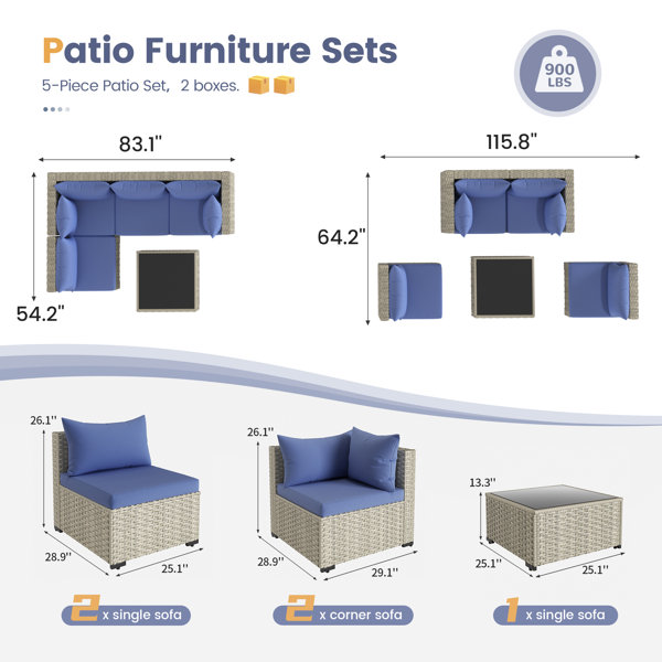 Ebern Designs 5 Pieces Rattan Patio Conversation Sets With Cushions ...