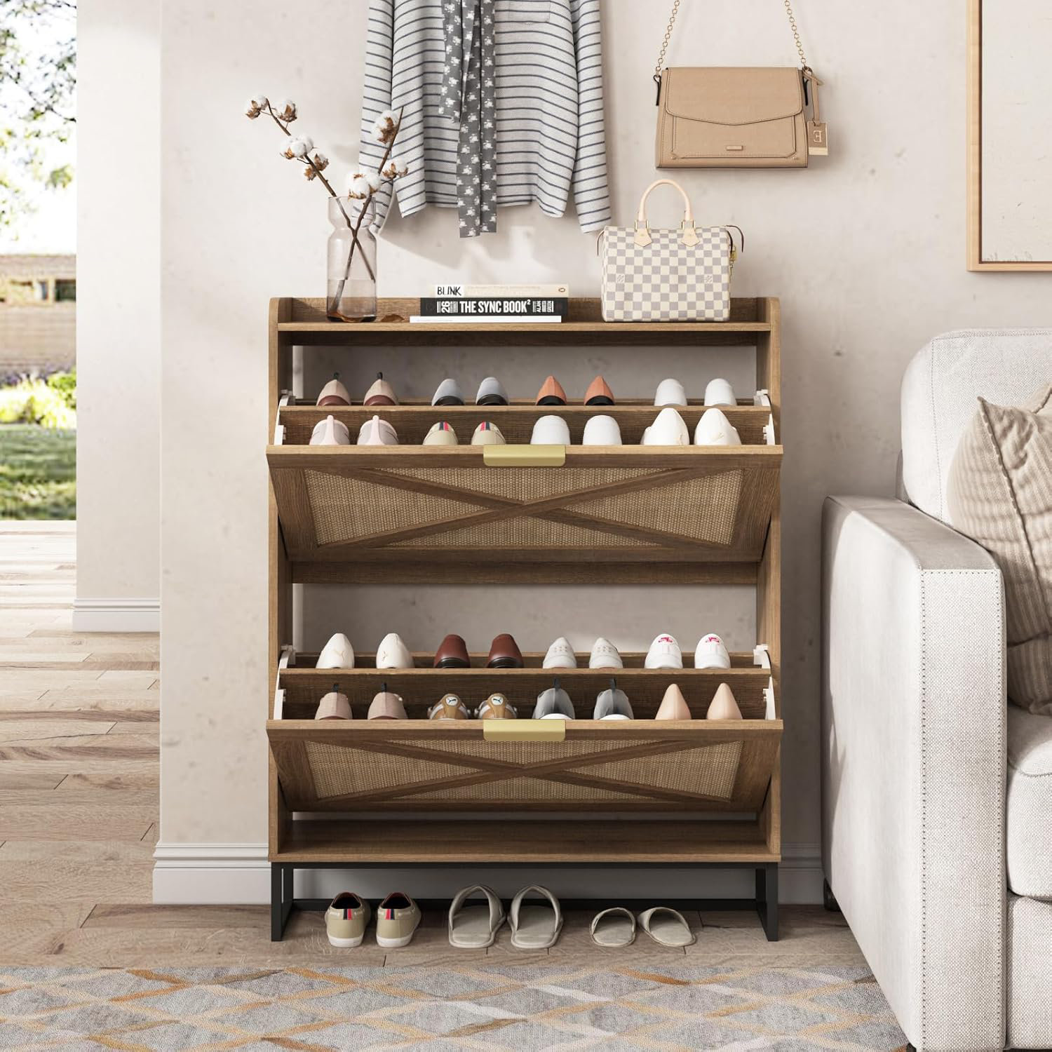Bayou Breeze Shoe Storage Cabinet With 2 Rattan Flip Drawers ...