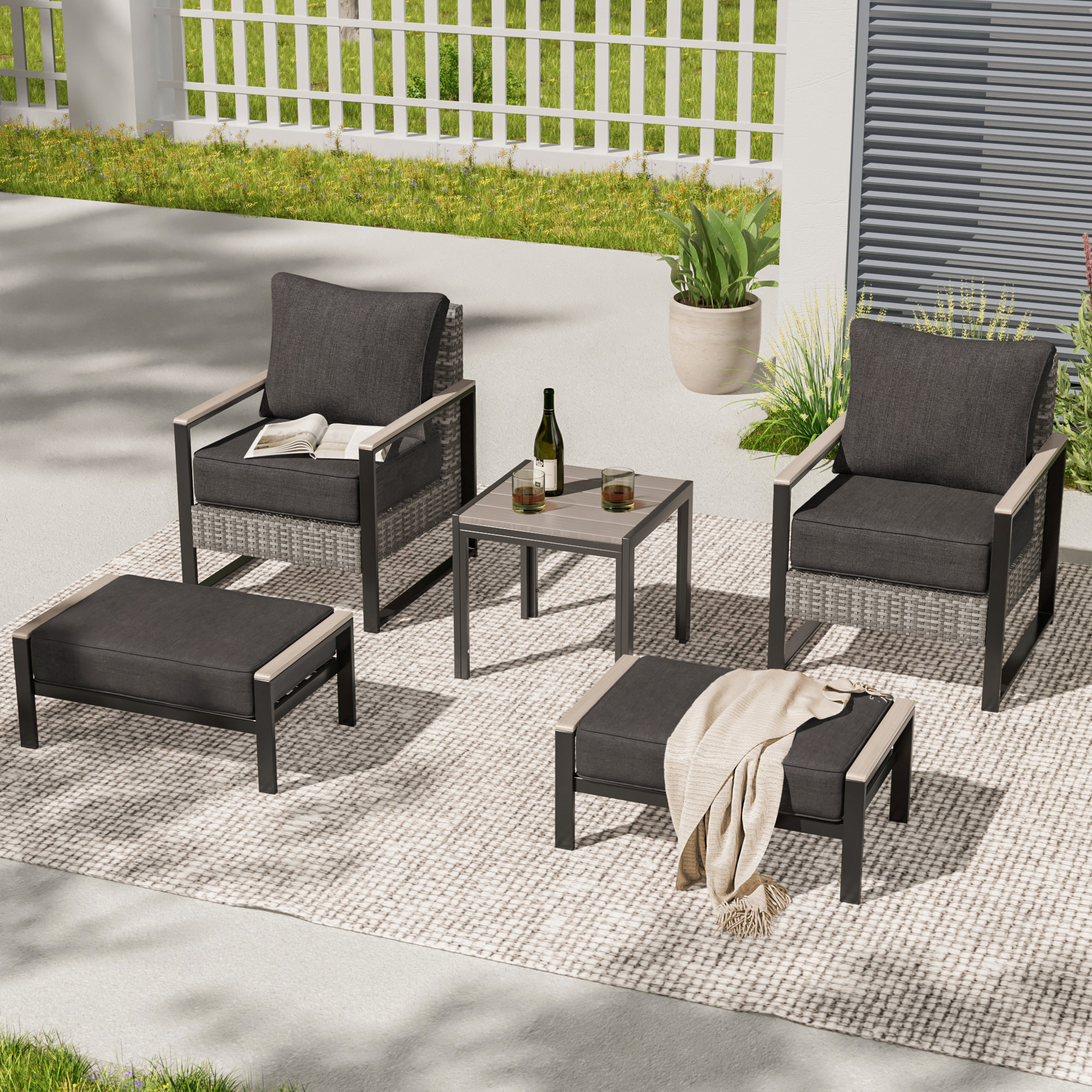 Ebern Designs 5 Piece Wicker Patio Furniture Set, Patio Chairs and Side ...