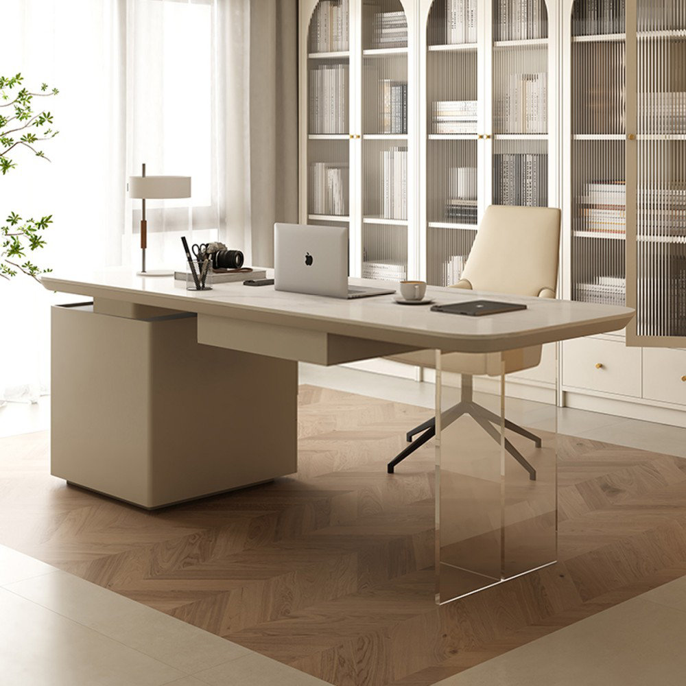 Orren Ellis White Rectangular Sintered Stone tabletop with 4 drawers ...