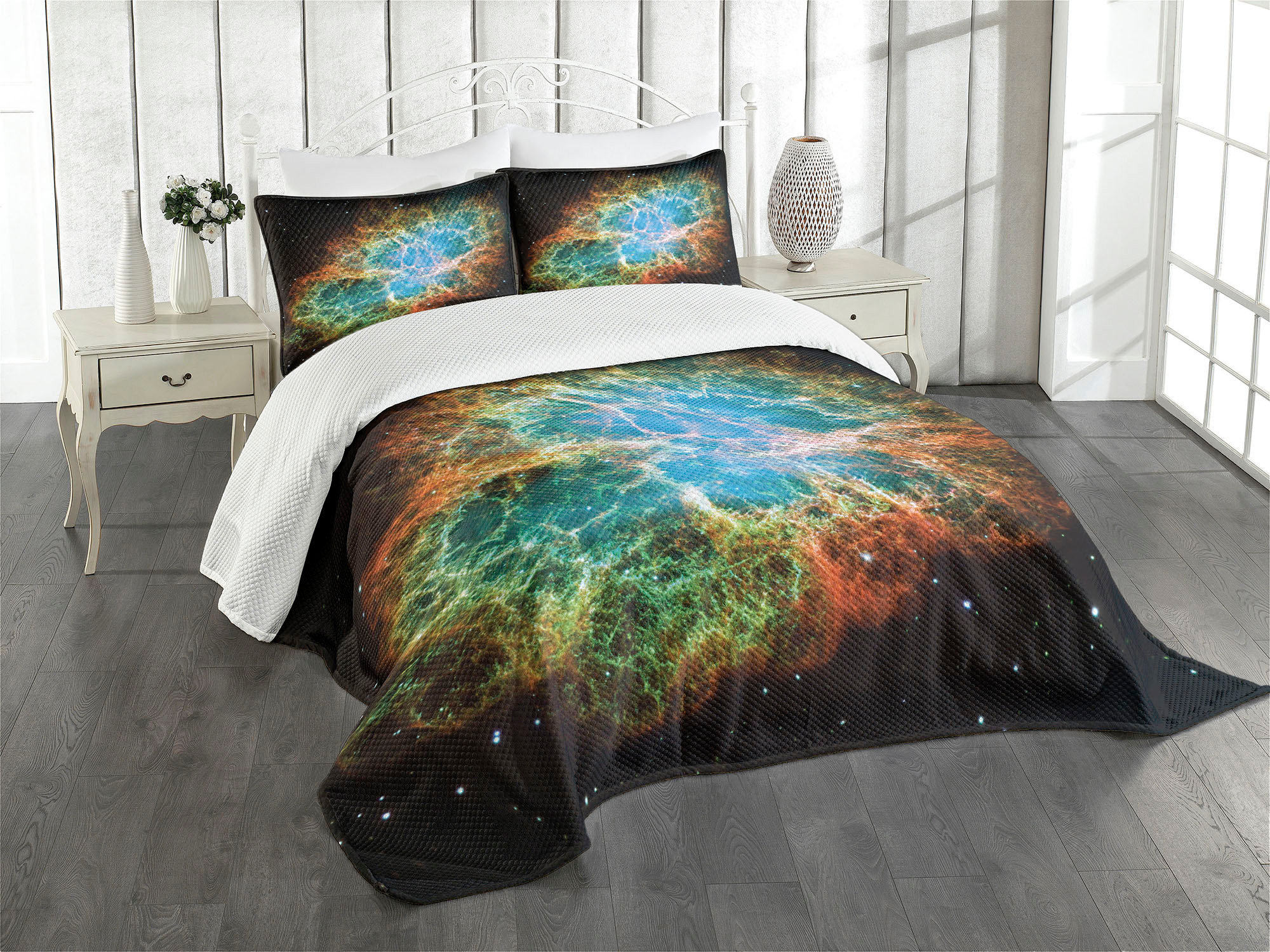 Ambesonne Nebula Bedspread Set Supernova Stars Cosmos Black Teal Orange ...