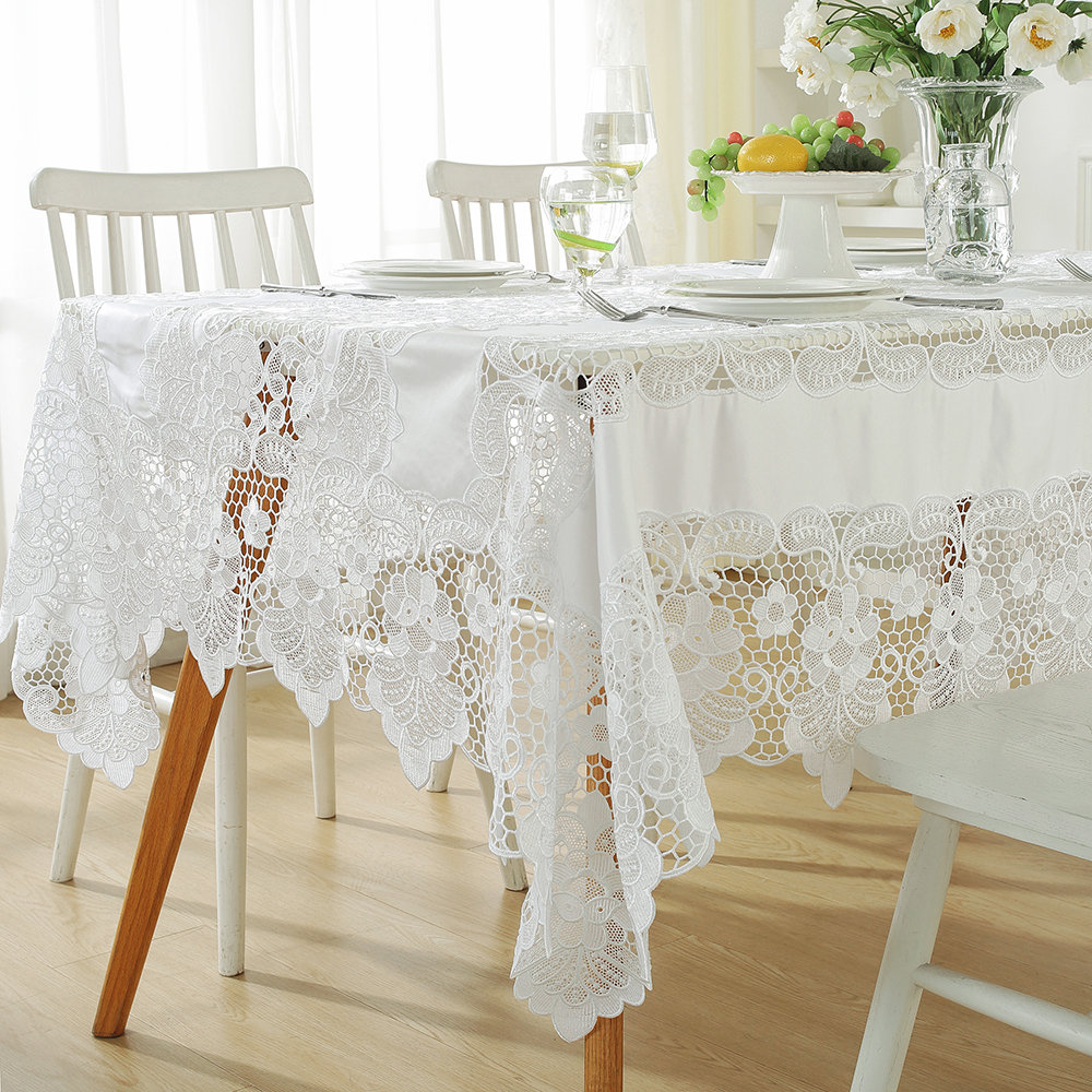 August Grove® White Rectangle Embroidery Lace Tablecloth Holiday ...