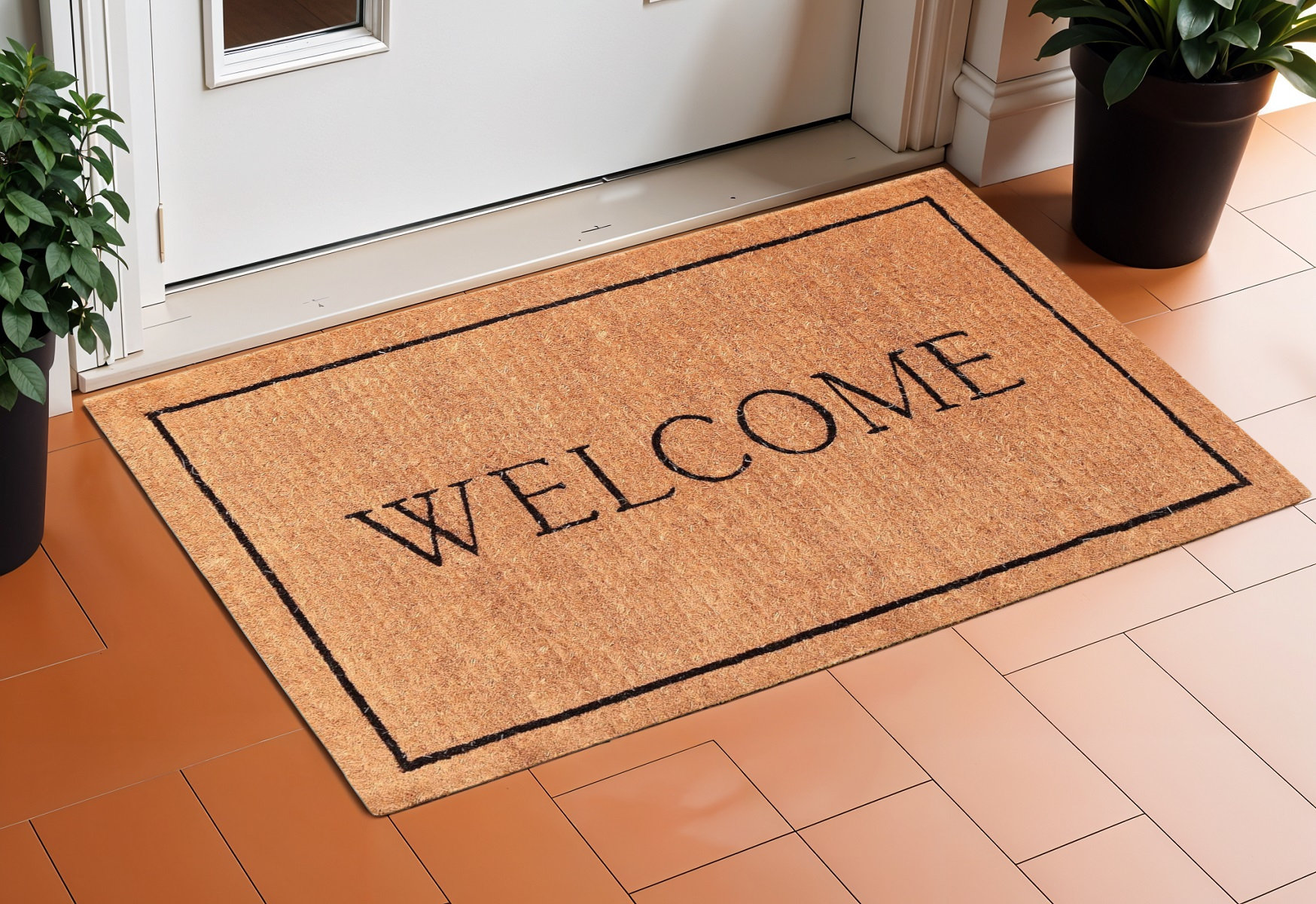 Trinx 18" X 30" Natural And Black Coir Welcome Outdoor Door Mat | Wayfair