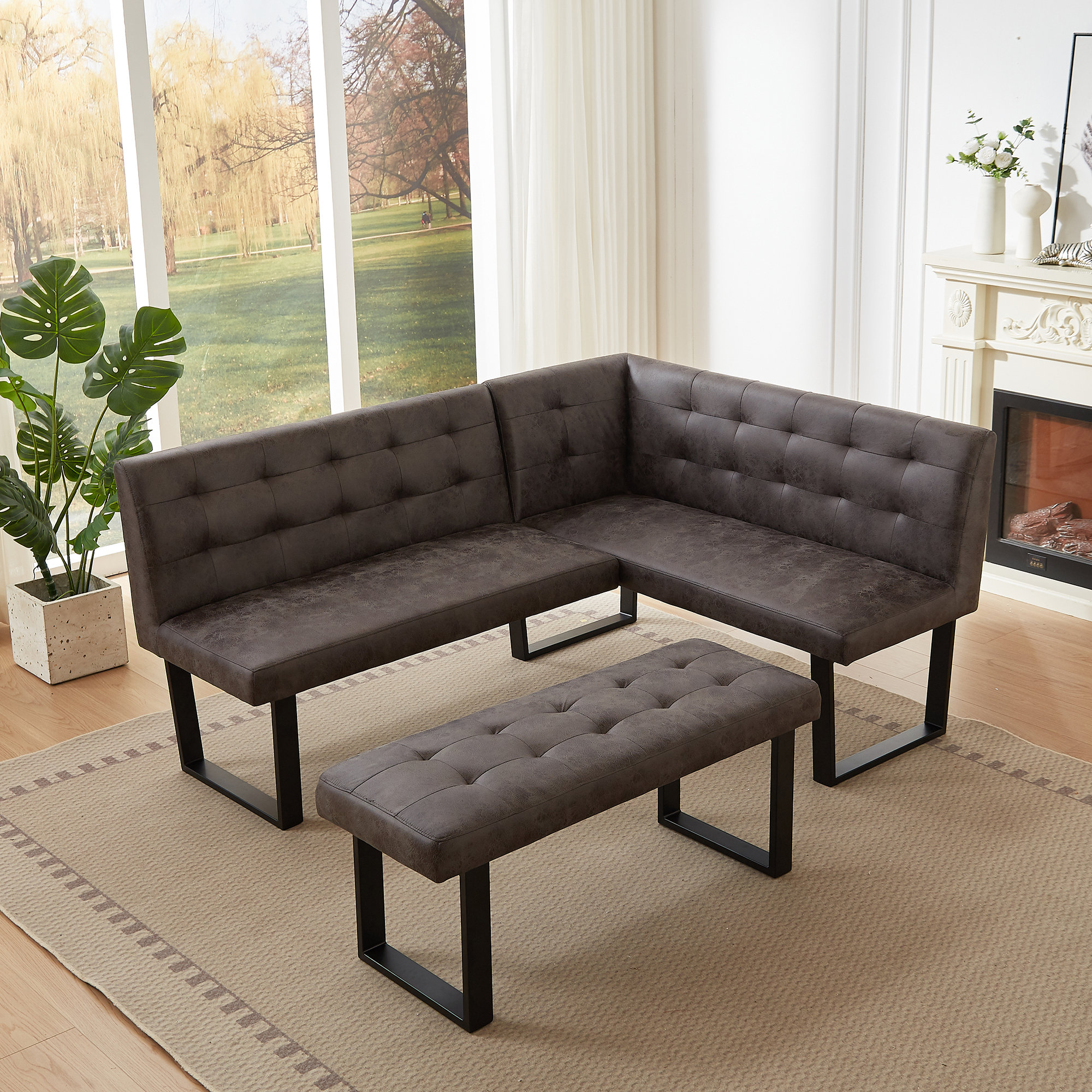 Hokku Designs 2 Piece Modern Dark Gray Faux Leather Corner Bench And ...