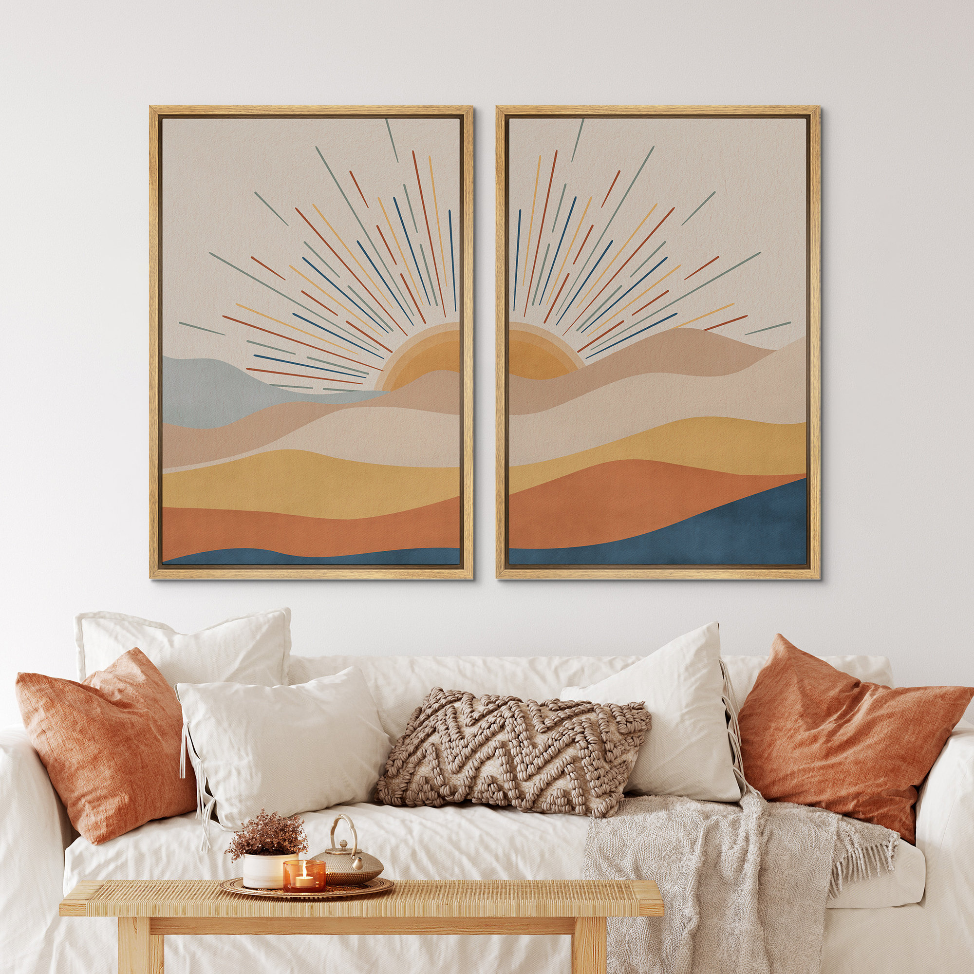 IDEA4WALL Sun And Moon Western Desert Sunrise Mid Century Modern Framed Canvas 2 Piece Painting ...