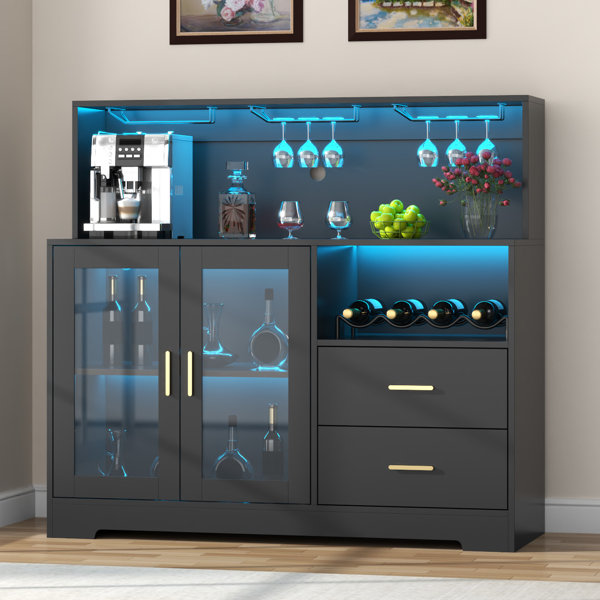 Wrought Studio™ Heugel Wine Bar Cabinet with LED Light, Home Coffee ...
