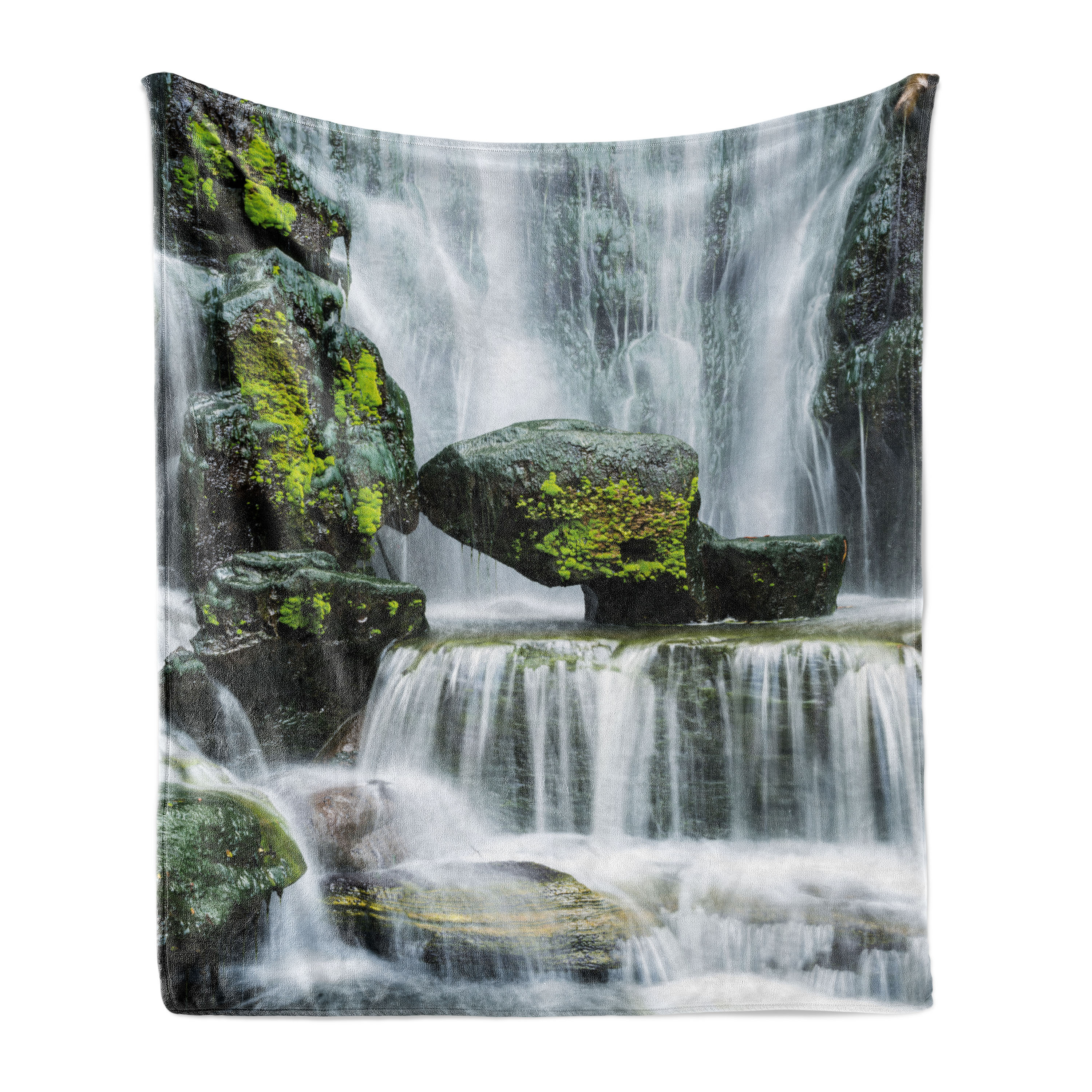 Ambesonne Landscape Fleece Throw Blanket Waterfall with Rocks Green ...