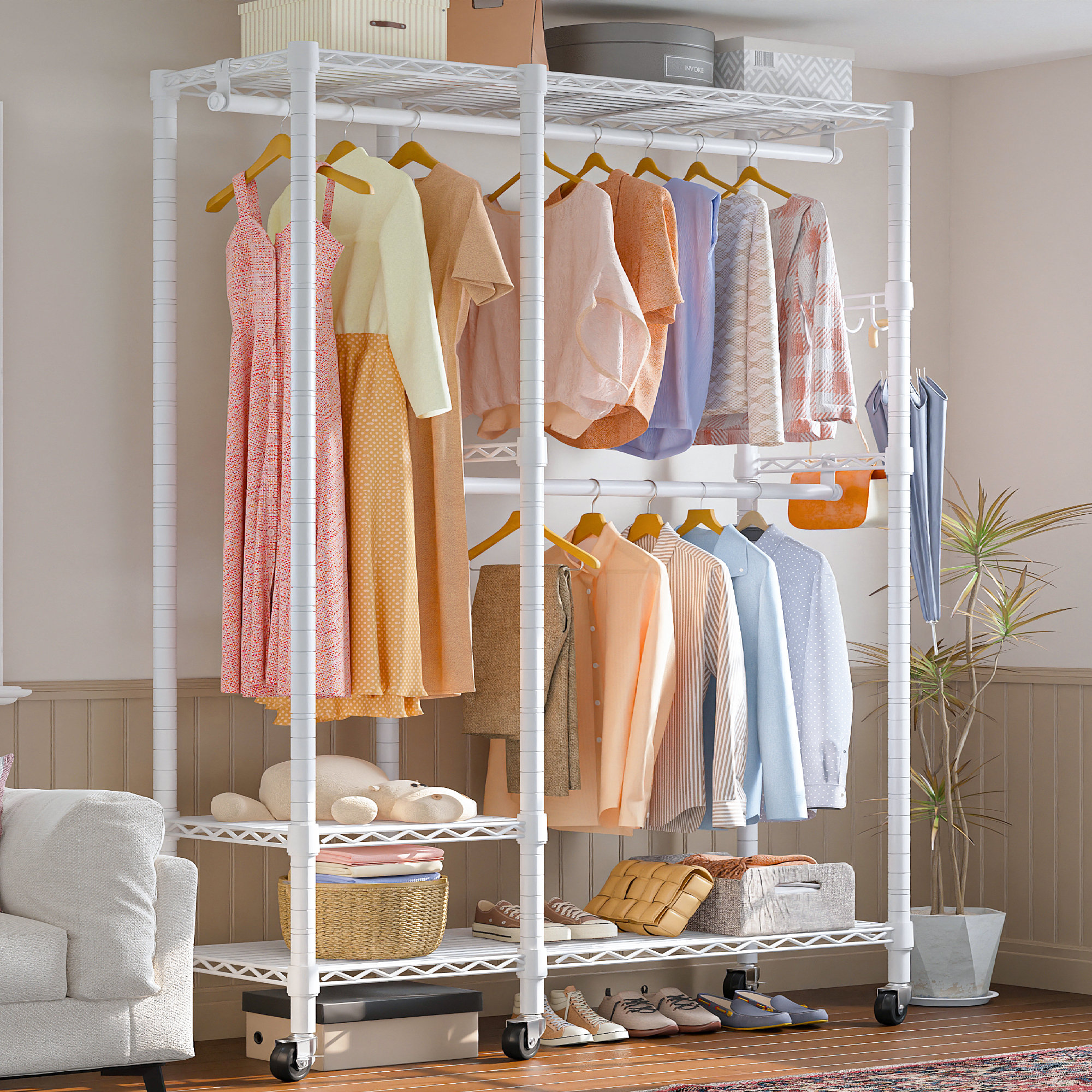 Rebrilliant Maiga Clothing Racks Metal Clothes Rack with Wheels Heavy ...
