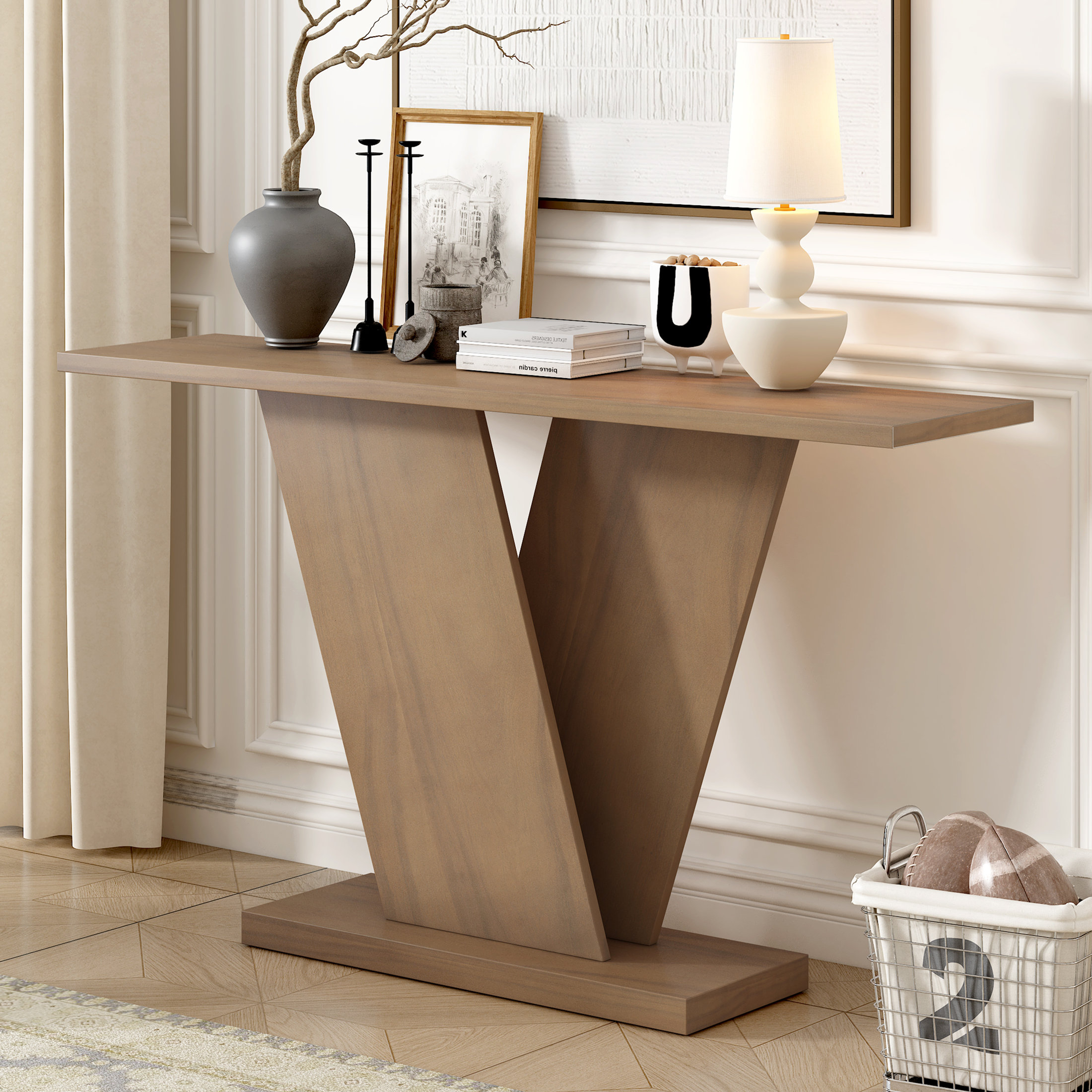 Brayden Studio Mirod Console Table with Natural Wood Veneer,V-Base ...