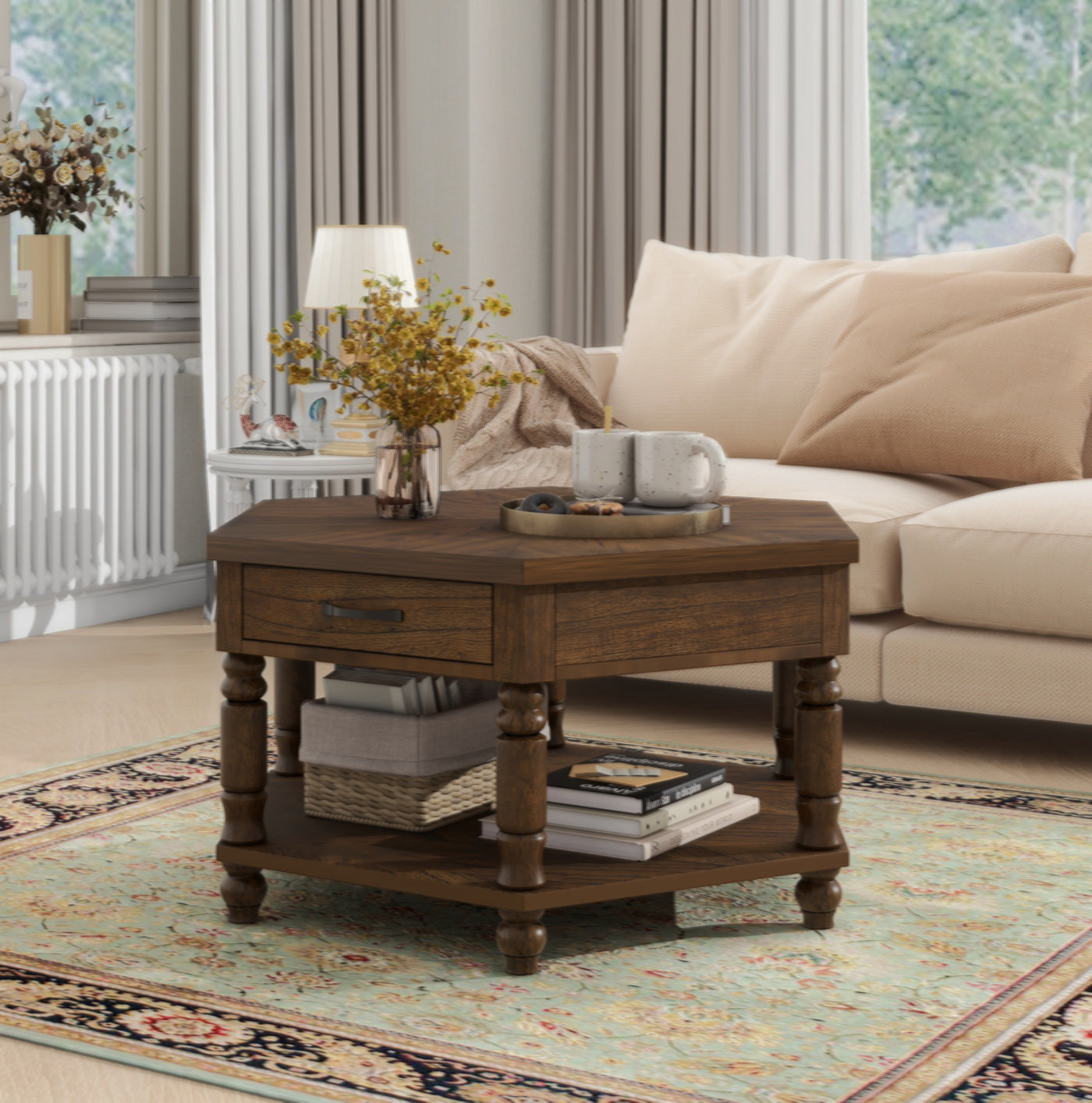 Alcott Hill 2 Tier Retro Hexagon Living Room Solid Wood Coffee Table ...