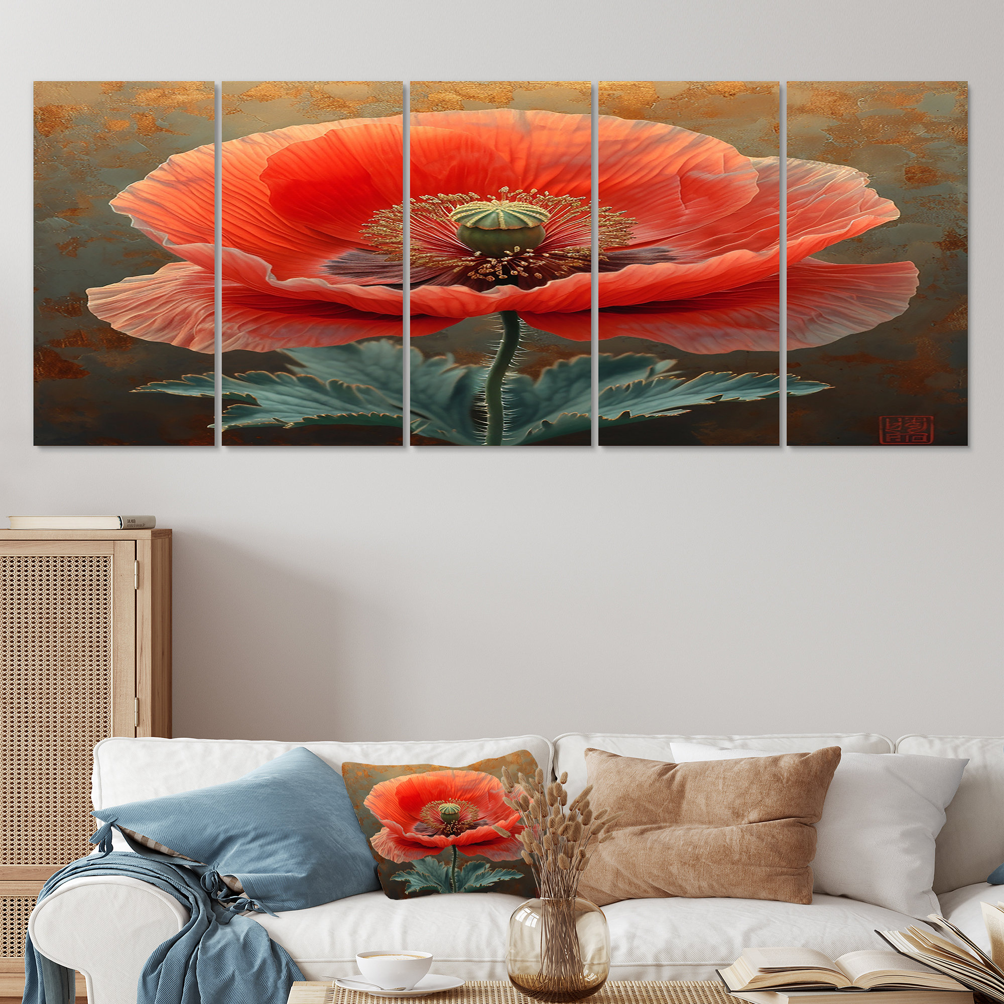 Design Art Red Poppy Detailed Vintage - Poppy Wall Art Decor Set 5 ...