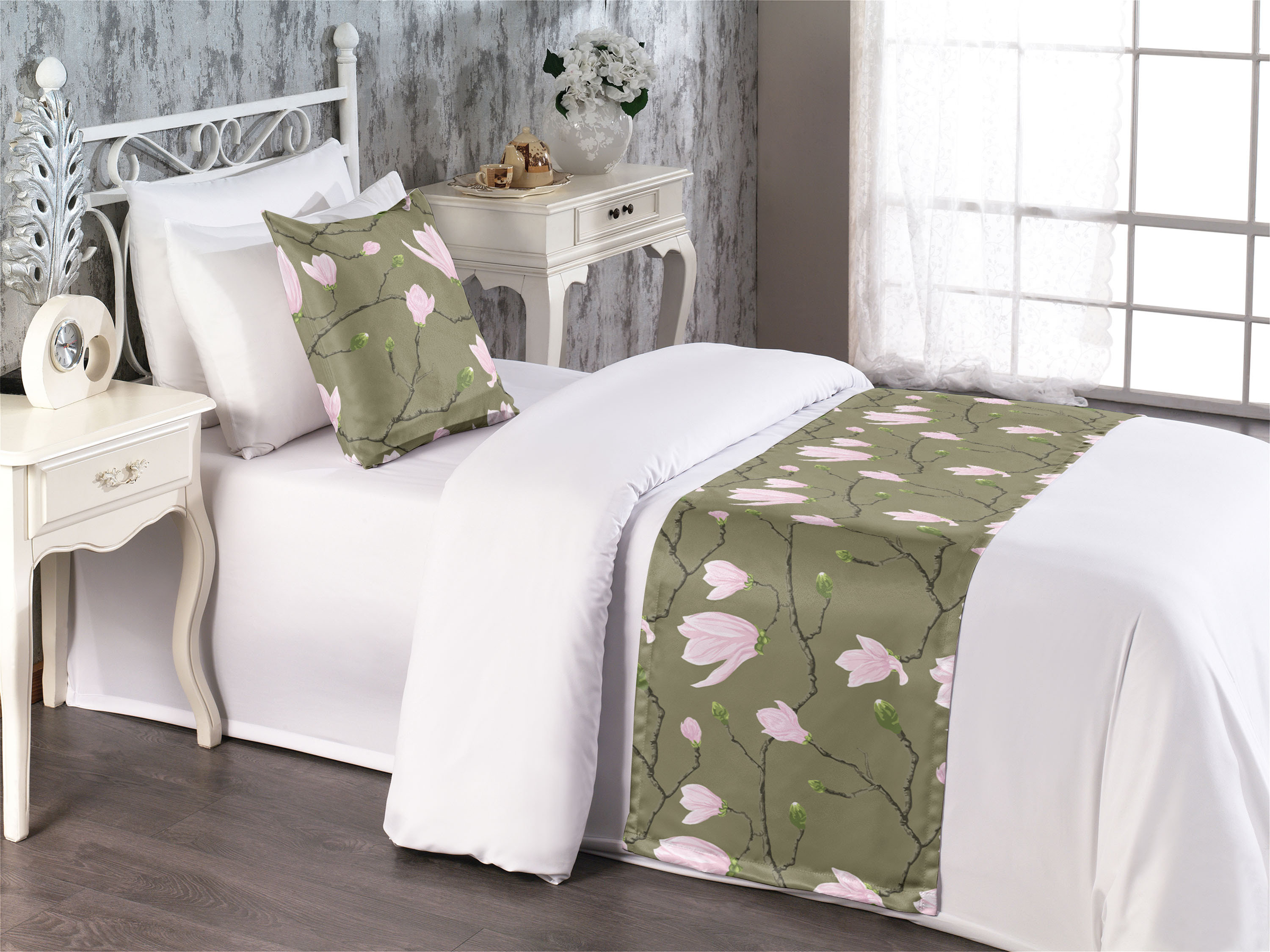 Ambesonne Jungle Boho Bed Runner Set Pastel Magnolia Drawing Khaki Soft ...
