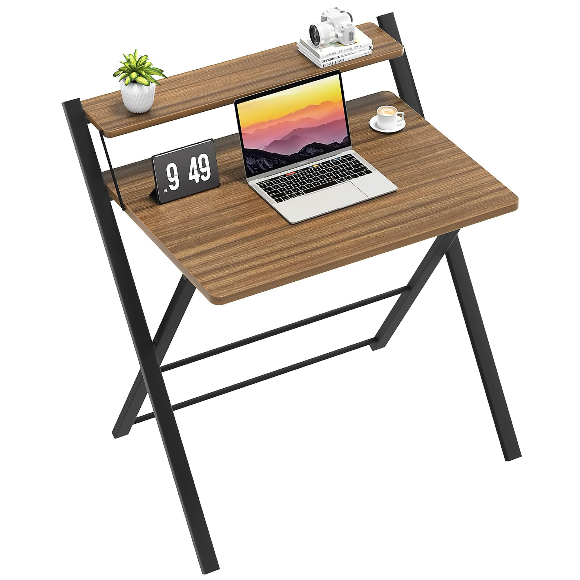 KIBNOF Folding Desk No Assembly Required Small Size, 2-Tier Foldable ...