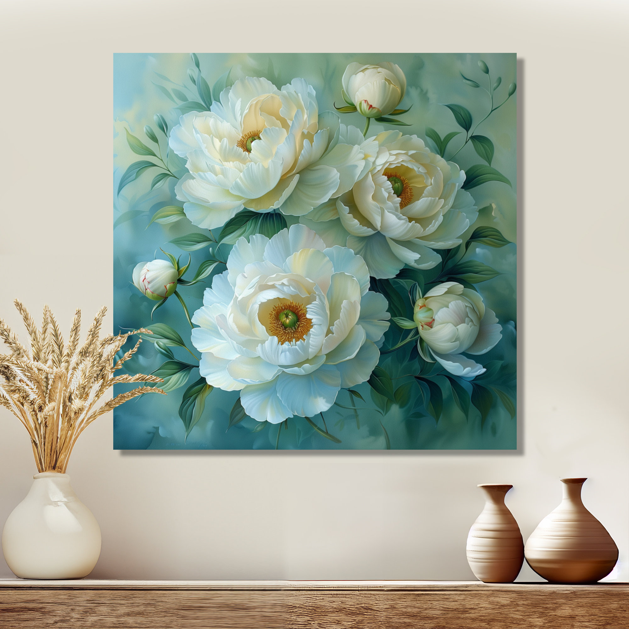 Design Art White Green Garden Party Peonies - Peonies Wall Art Living ...