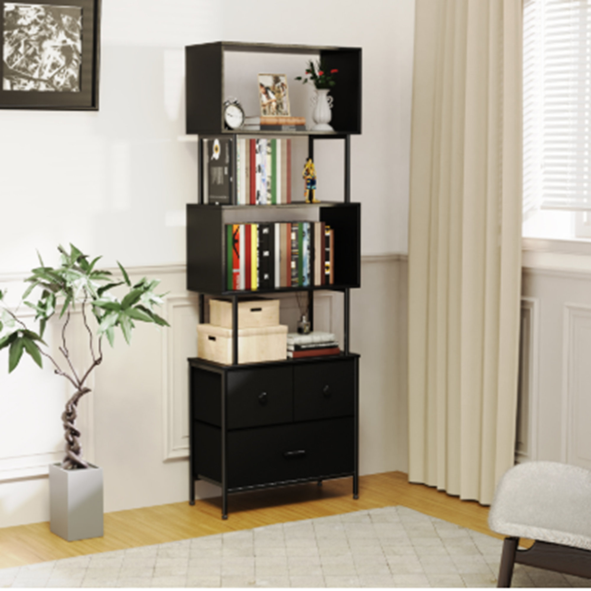 Ebern Designs Industrial Bookcases With 3 Drawers, Tall Bookshelves With 4 Shelves, Display ...