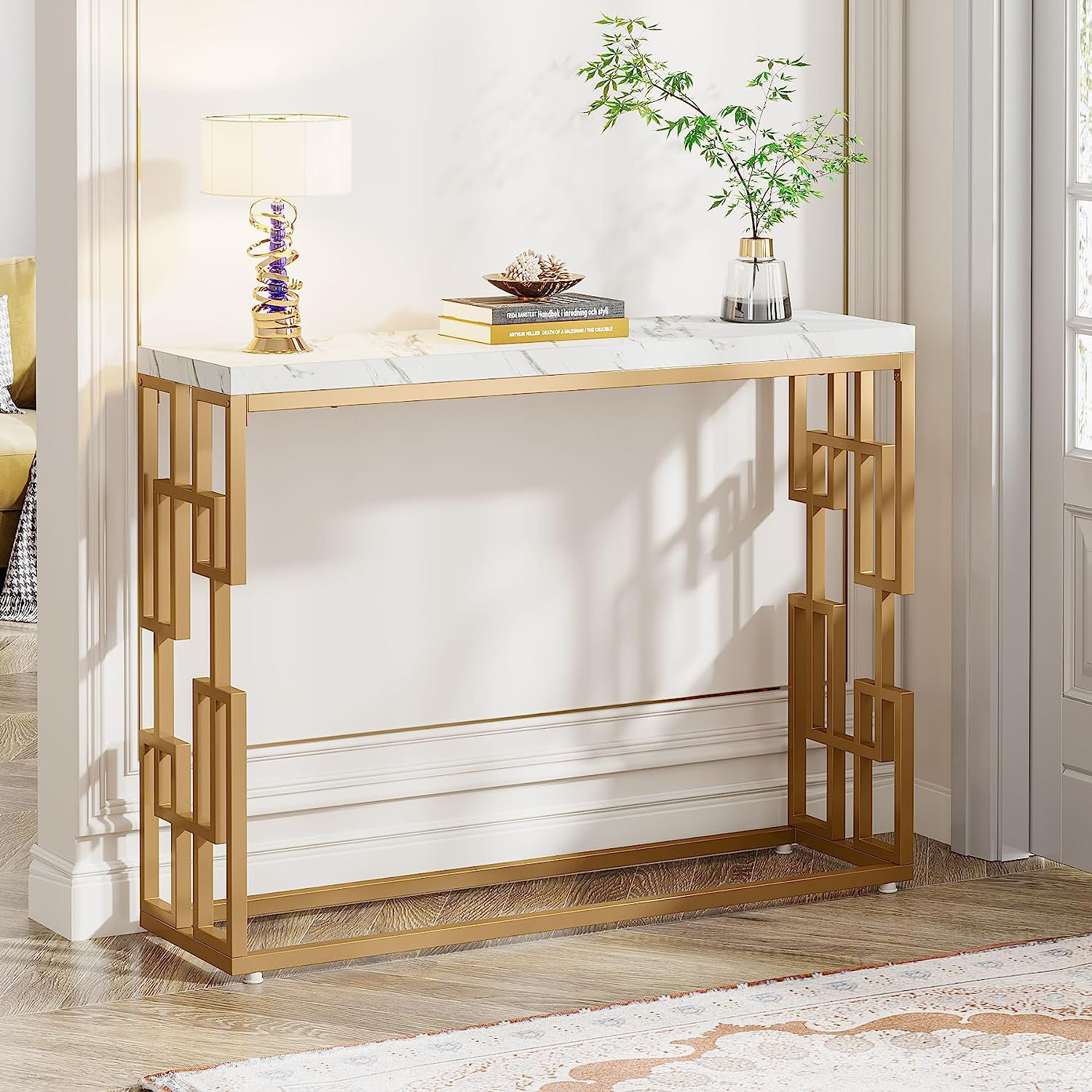 Everly Quinn 42.5" Gold Console Table, Modern White Faux Marble Sofa ...