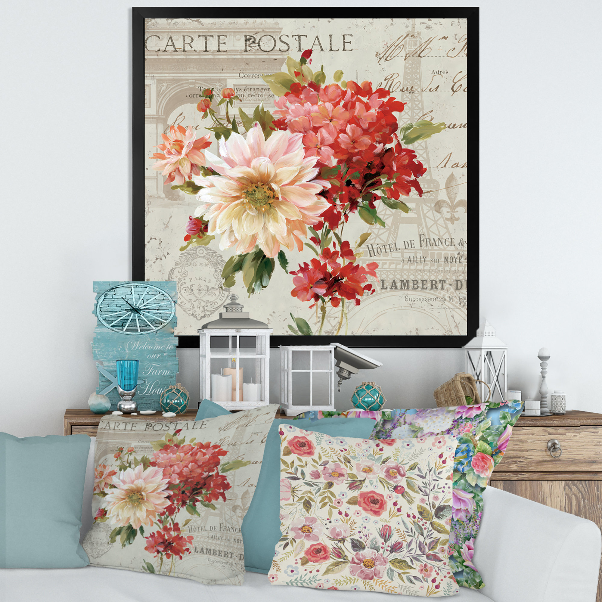 East Urban Home 'Red Painted Flowers on Vintage Postcard III' - Picture ...