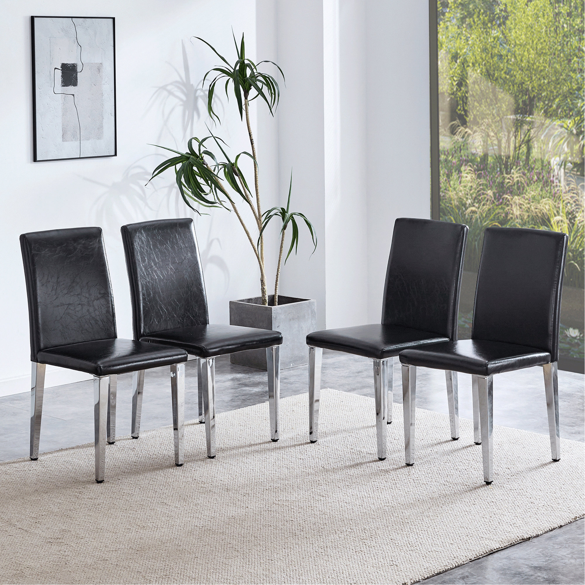 BOAIXINGFAN Set Of 4 Black PU Backrest Chairs With Silver Metal Legs -A ...