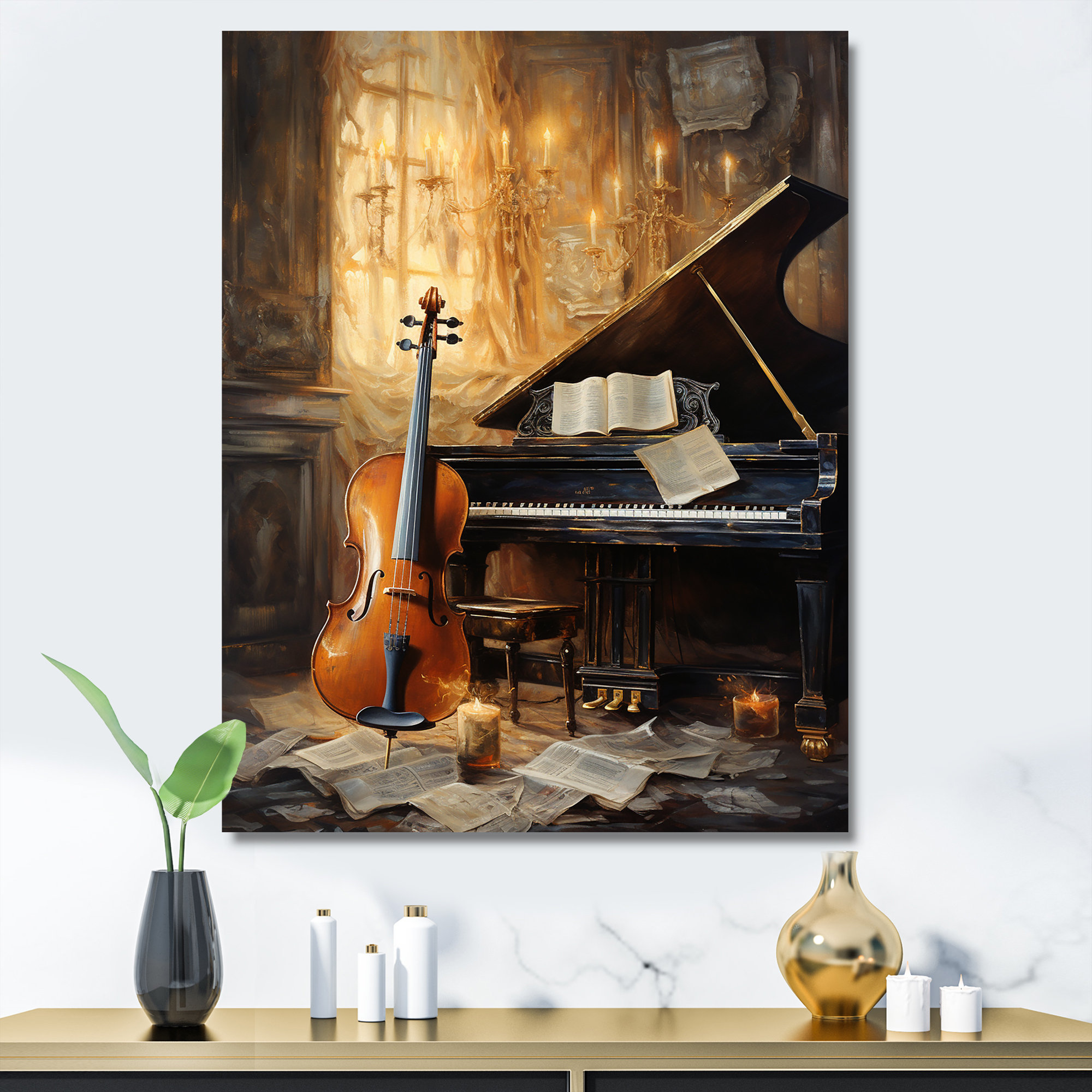 Design Art Vintage Violin And Piano Harmony I - Music Large Wall Art ...