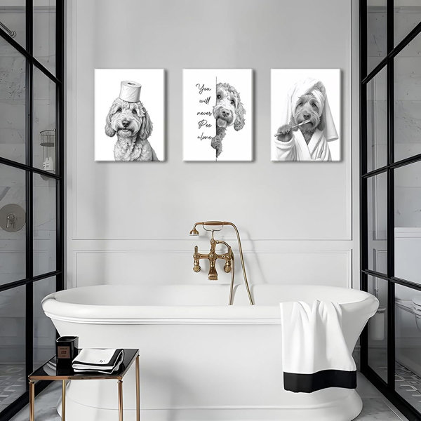 Trinx Framed Funny Bathroom Canvas Wall Art Set Of 3, Cute Dog Pictures ...