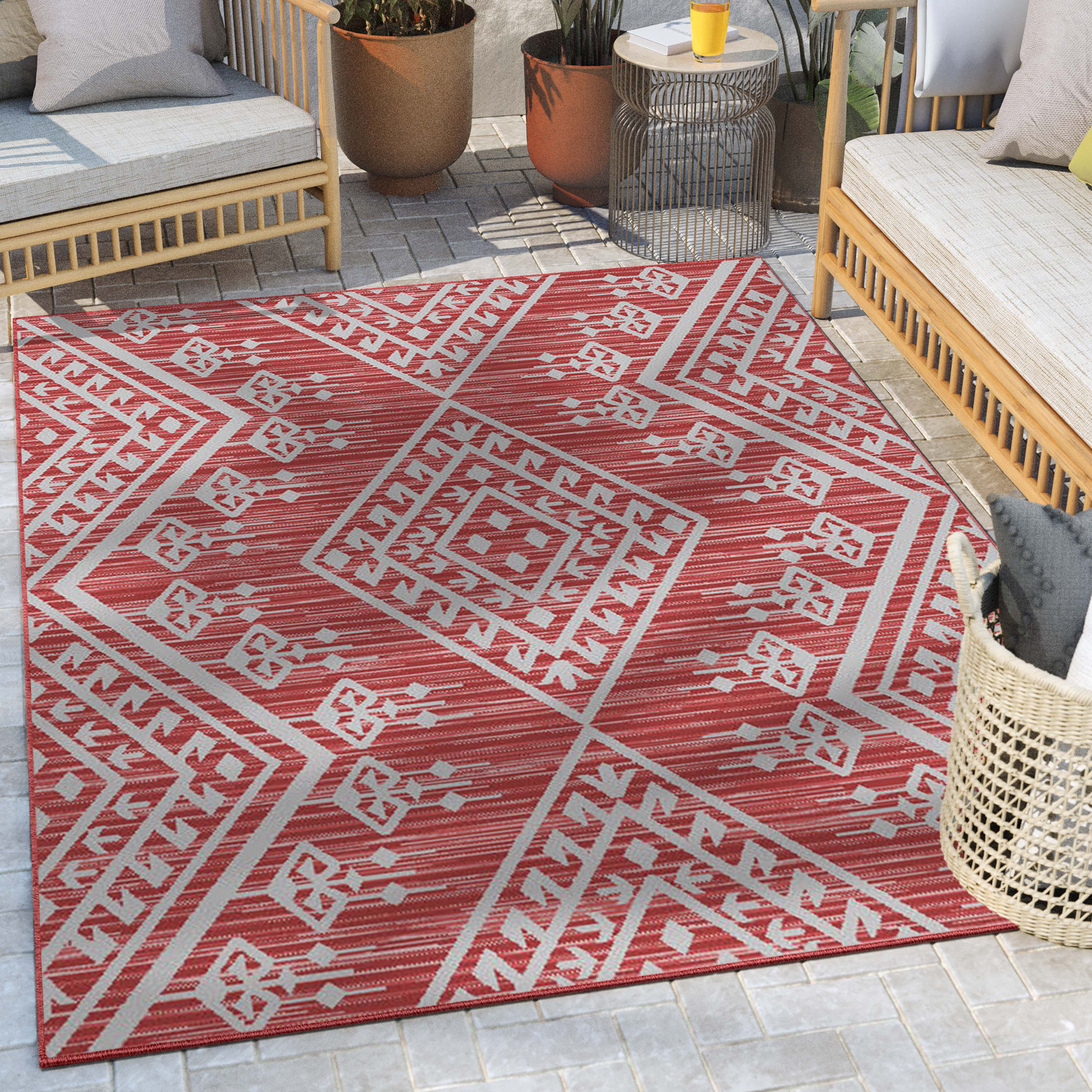 Well Woven Cascade Tribal Diamond Pattern Indoor/Outdoor Red Flat-Weave ...