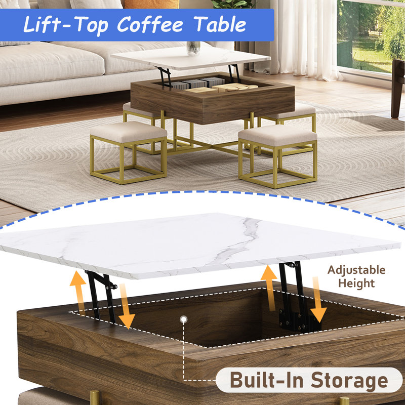 Mercer41 Square Lift-Top Coffee Table Set with Storage and 4 Ottomans ...