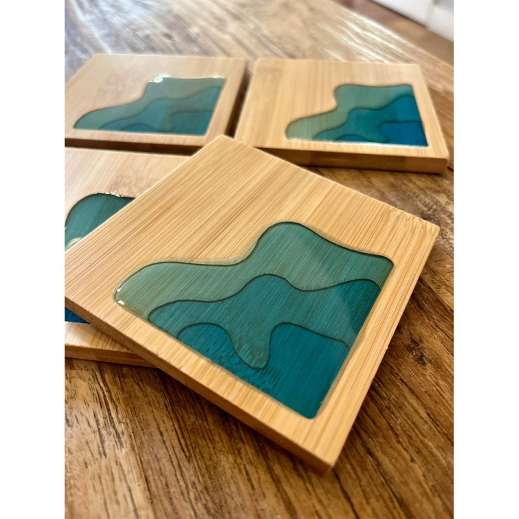 House of Hampton Bamboo Ocean Wave Resin Art - Square Coasters 4Pc Set ...