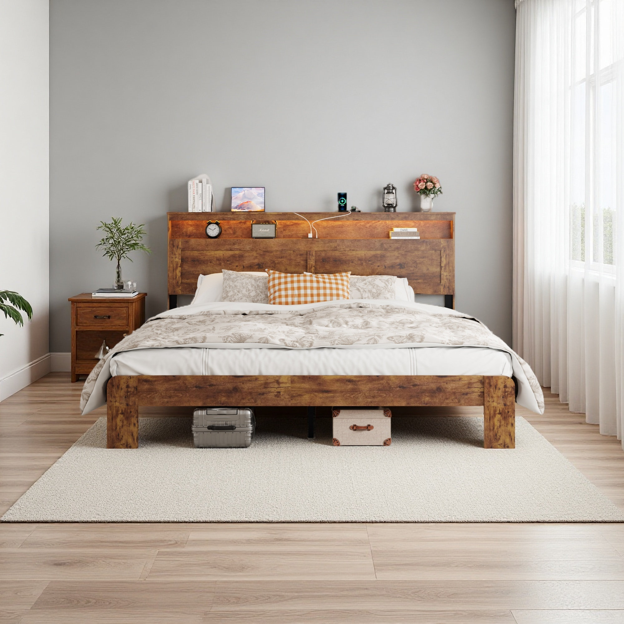 Ivy Bronx Cadre de lit, cadre de lit plateforme en bois avec tête de ...