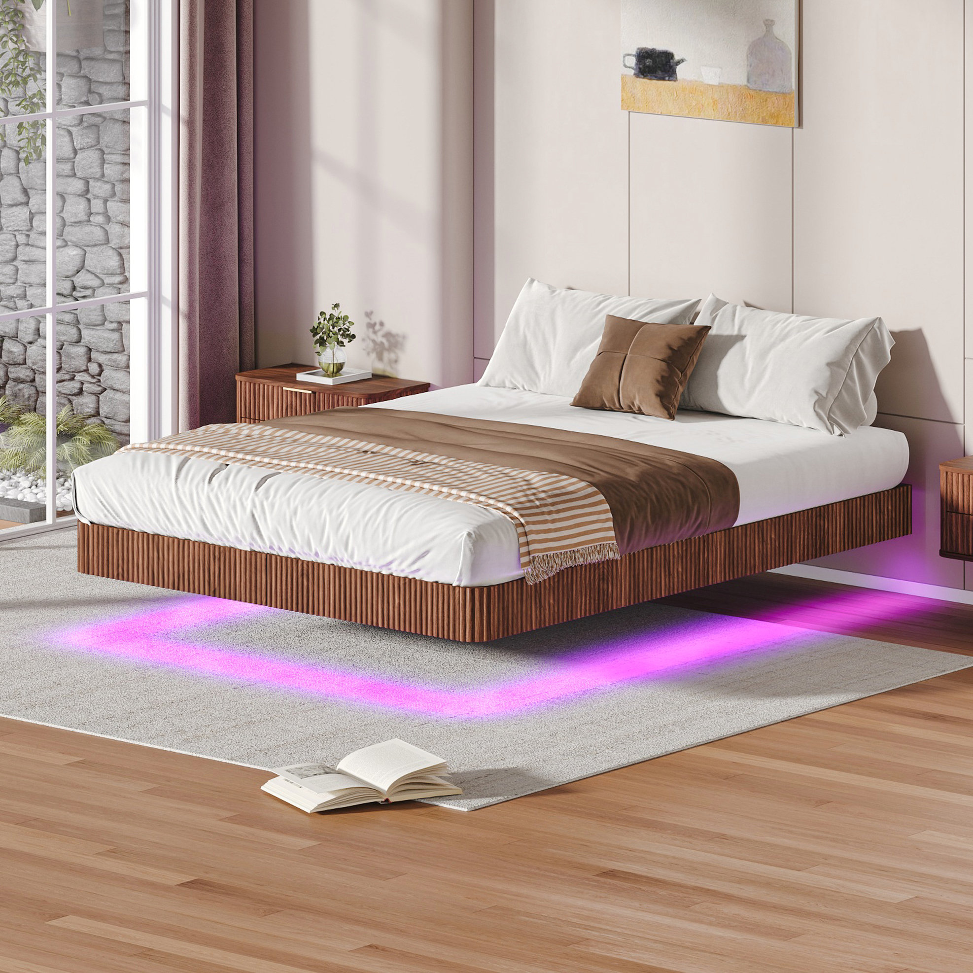 Wrought Studio™ Oak - Colored Queen Floating Bed Frame, Wave Wood Panel ...