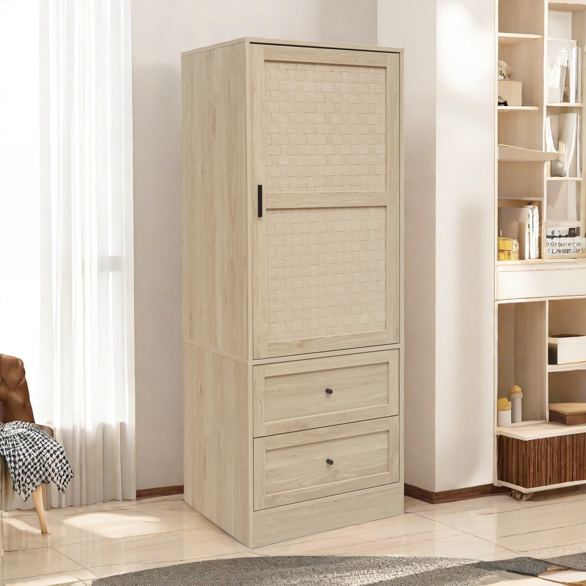 Ebern Designs Mulay Wardrobe With Cross Weave Effect, 2 Drawers And A ...