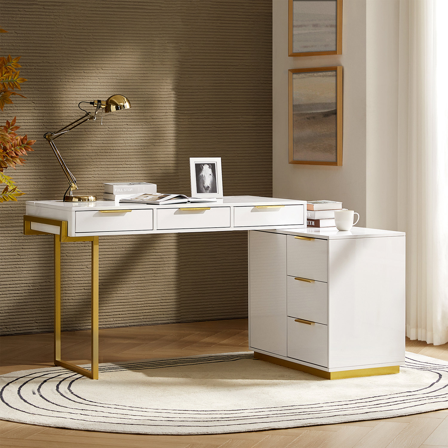 Everly Quinn Rothi Glam 6-Drawer L-Shaped Desk with Cable Management ...