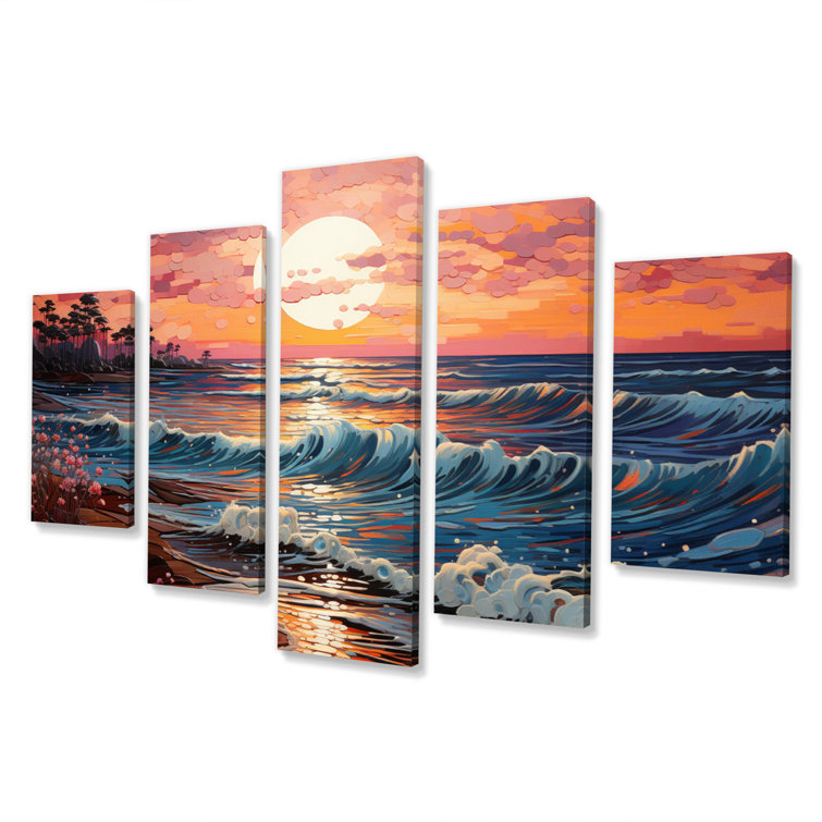 Highland Dunes Beach Crimson Sunset Pointillism On Canvas 5 Pieces Set ...
