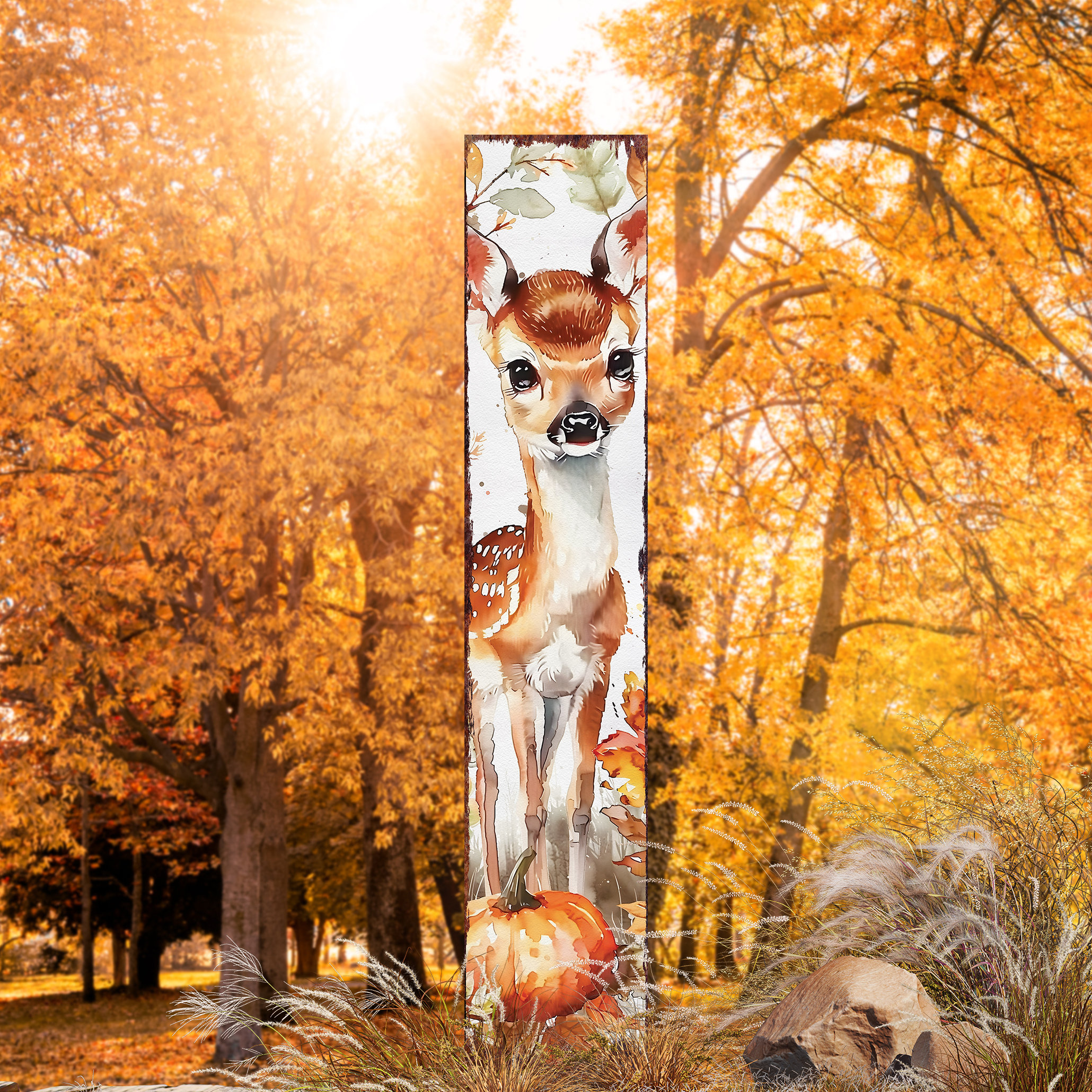 Millwood Pines 42in Fall Garden Stake - Watercolor Fall Baby Deer Decor ...