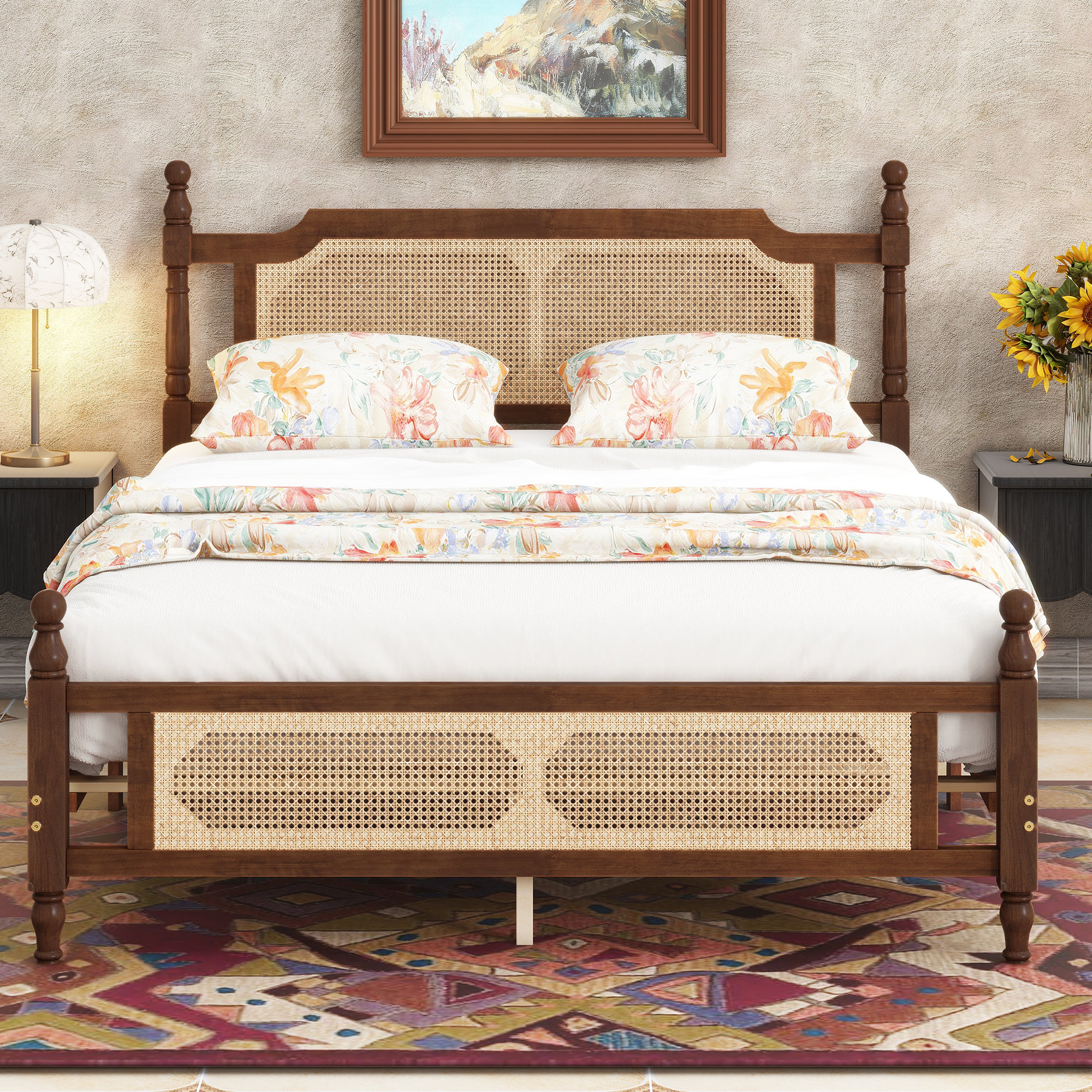 Bay Isle Home™ Elegant Pine Wooden Bed With Rattan Headboard And ...