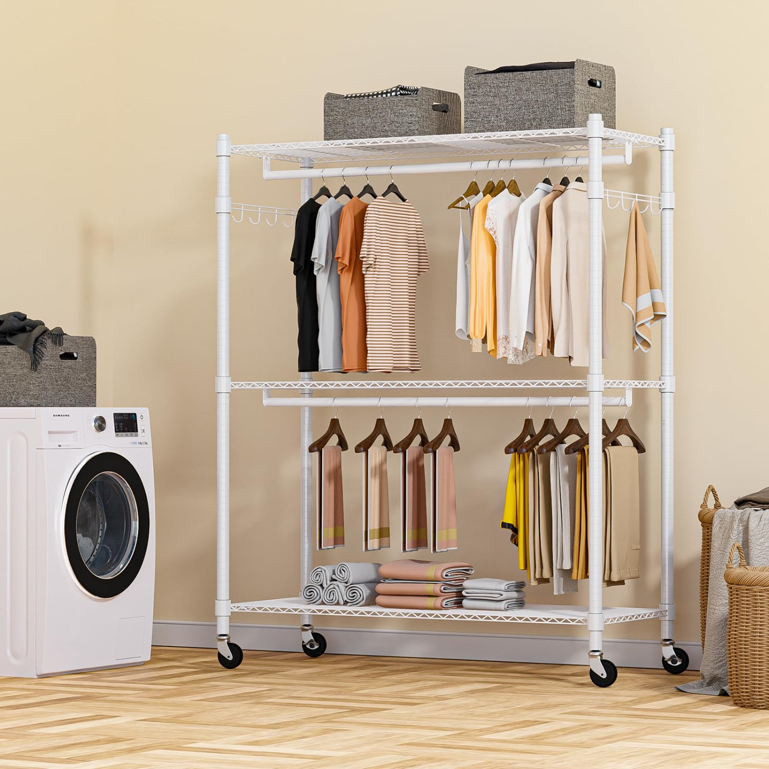 17 Stories 3 Tier Garment Rack With Wheels, Portable Closets For ...