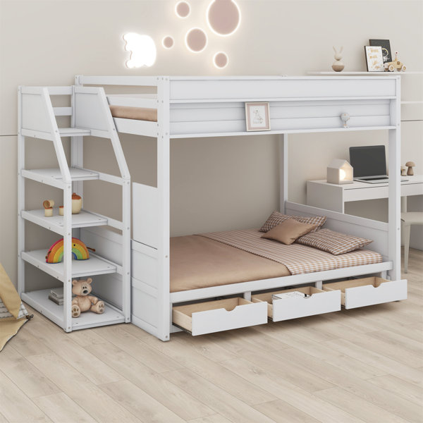 Harriet Bee Convertible Bunk Bed With Storage Staircase, Bedside Table ...