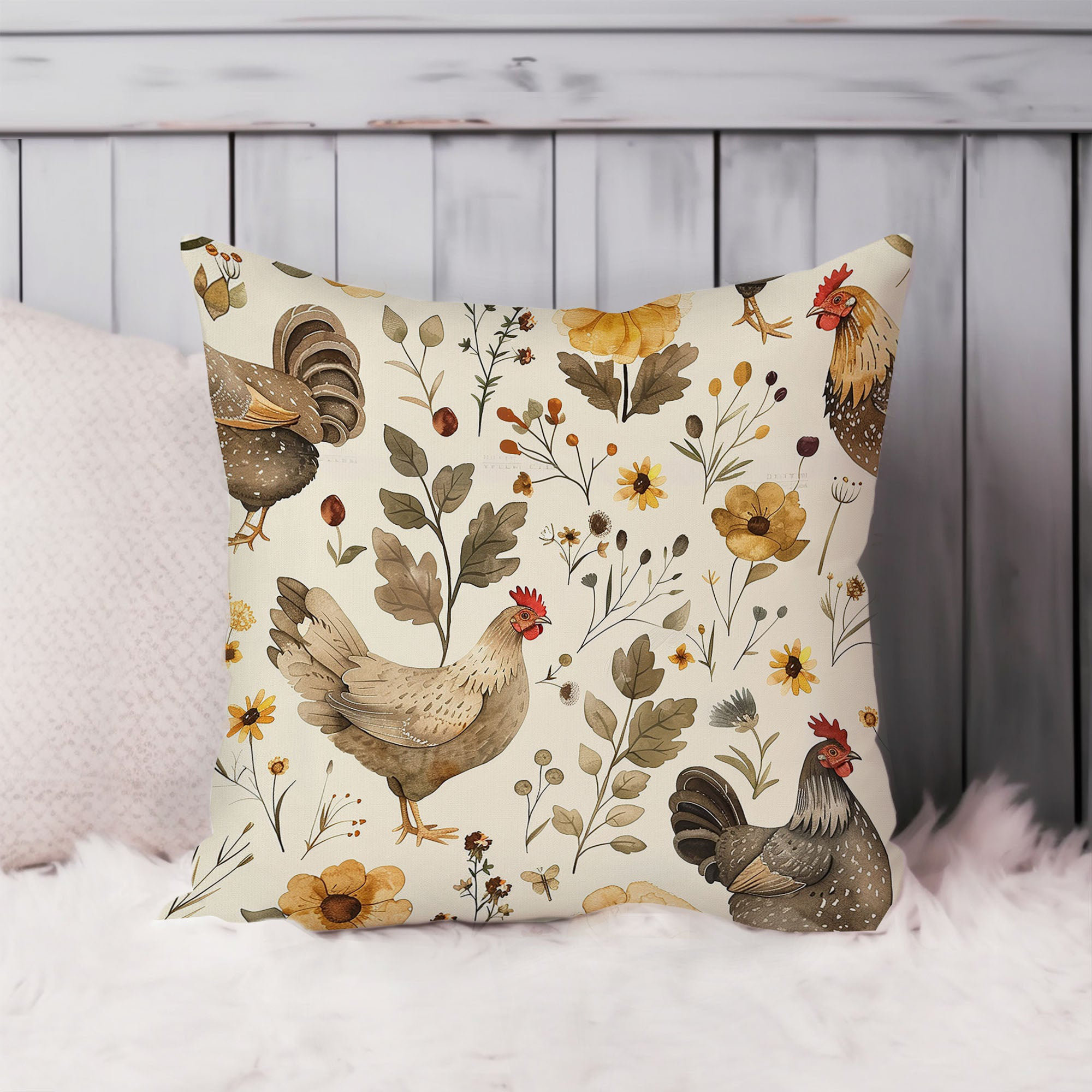 Ethan Taylor Animals Rustic Farmhouse Chickens Pattern XIII Farm Animals Chicken Pillow Cover ...