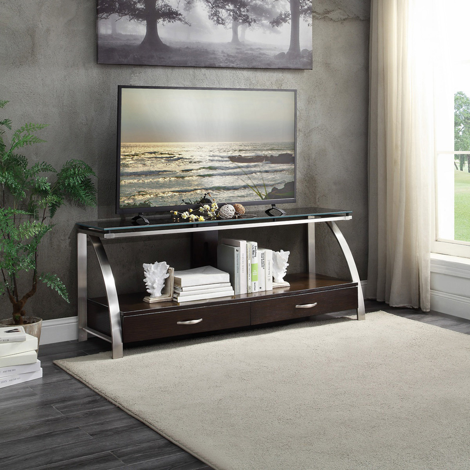 Orren Ellis 1Pc Modern Design TV Stand With Glass Top | Wayfair