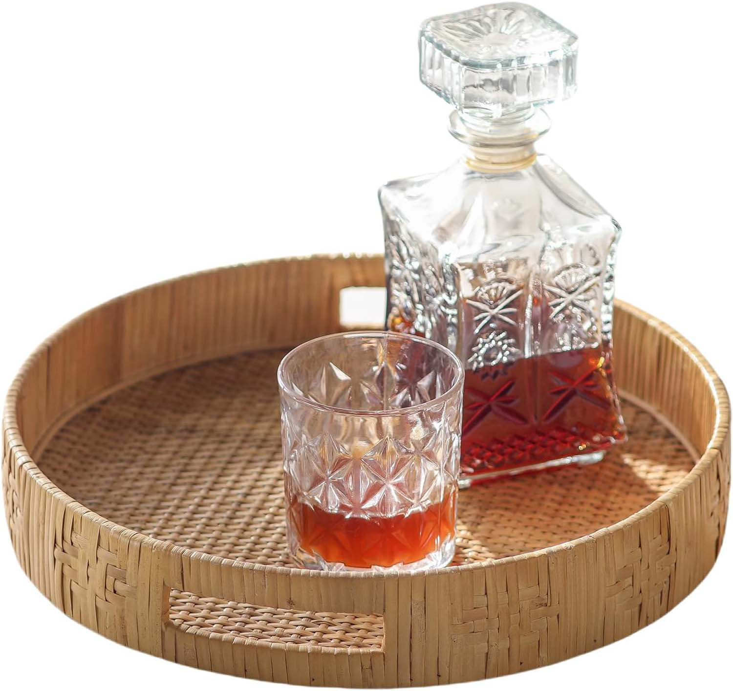 Dakota Fields Round Rattan Decorative Tray, Wicker Coffee Table Tray For Home Decor, Woven ...