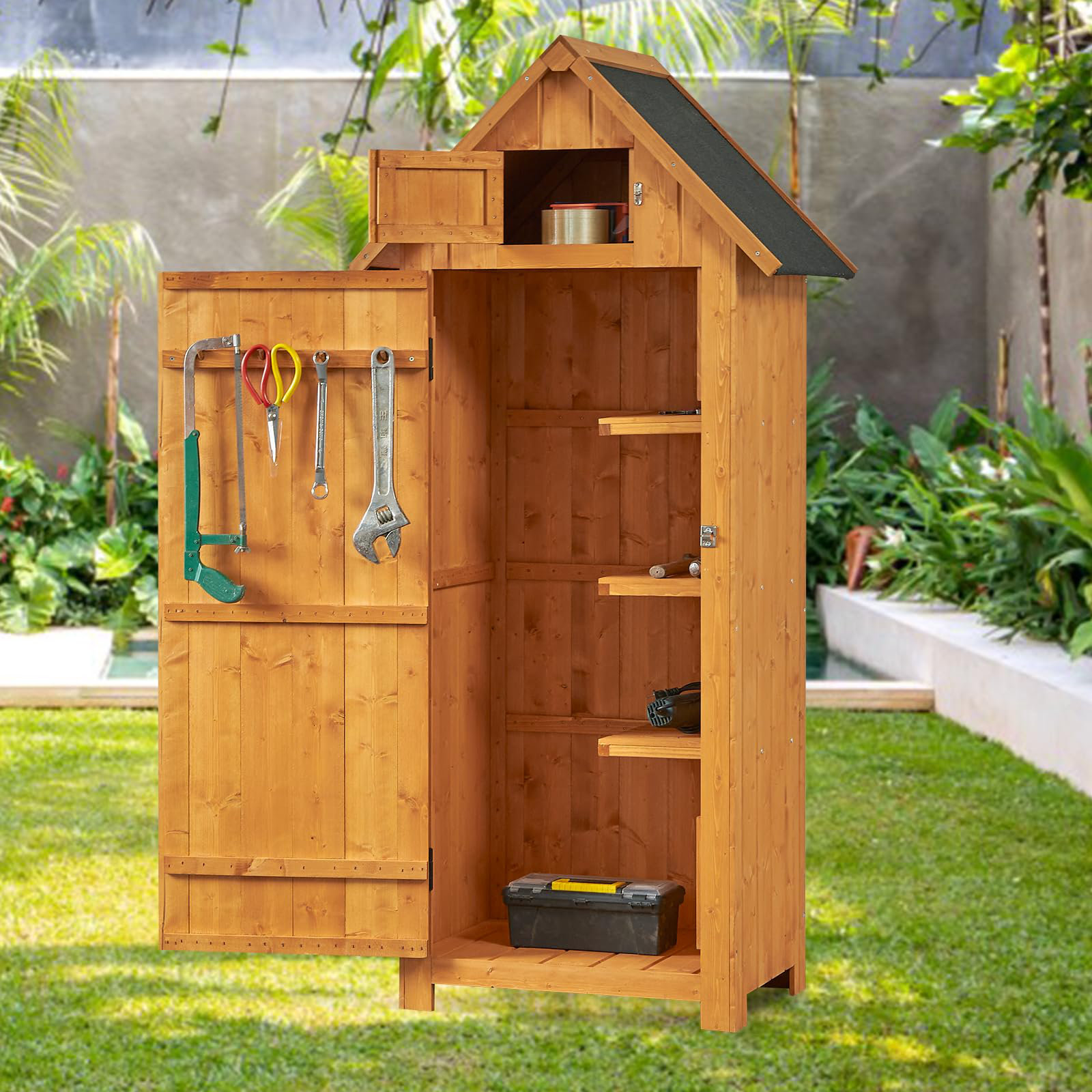 babevy Outdoor Wooden Storage Shed, Garden Wood Tool Cabinet, Solid ...