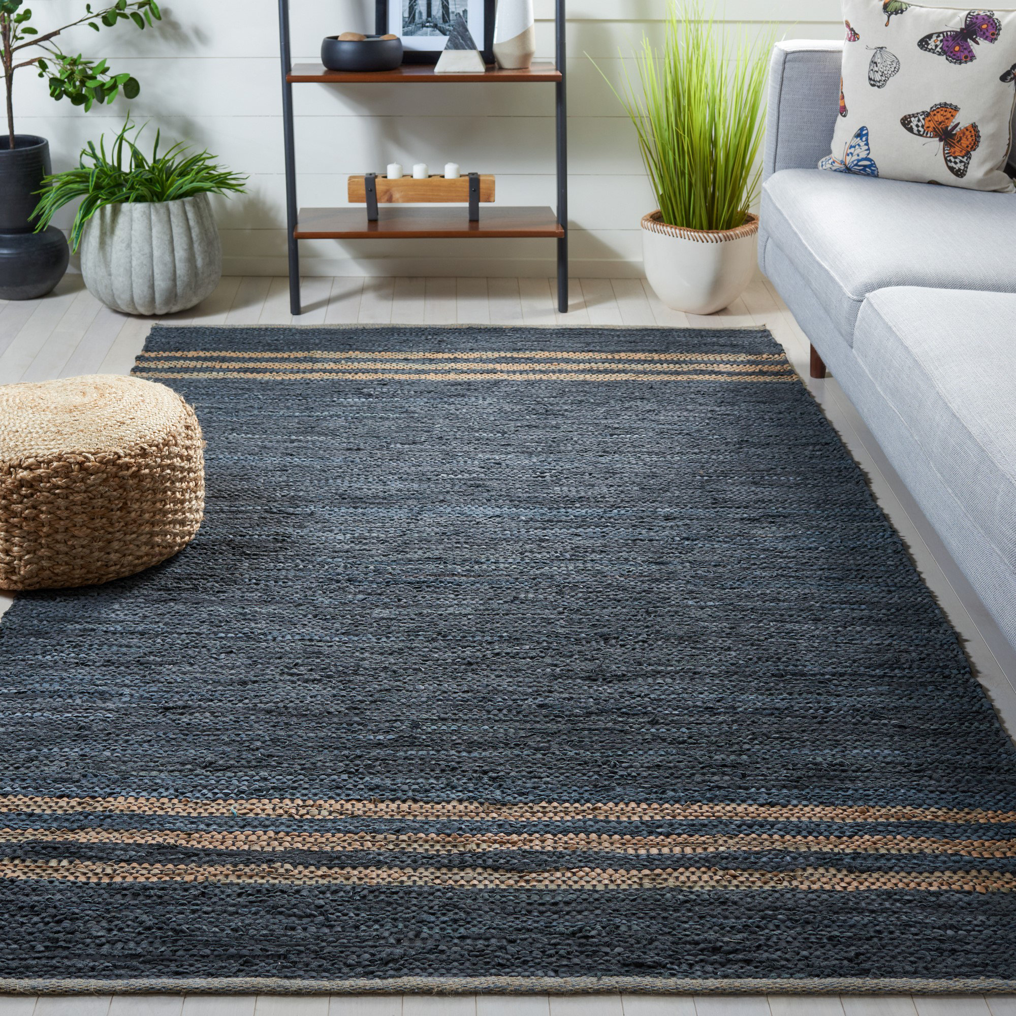 Gracie Oaks Rider Hand Woven Leather/Cotton/Jute Rug in Beige/Blue ...