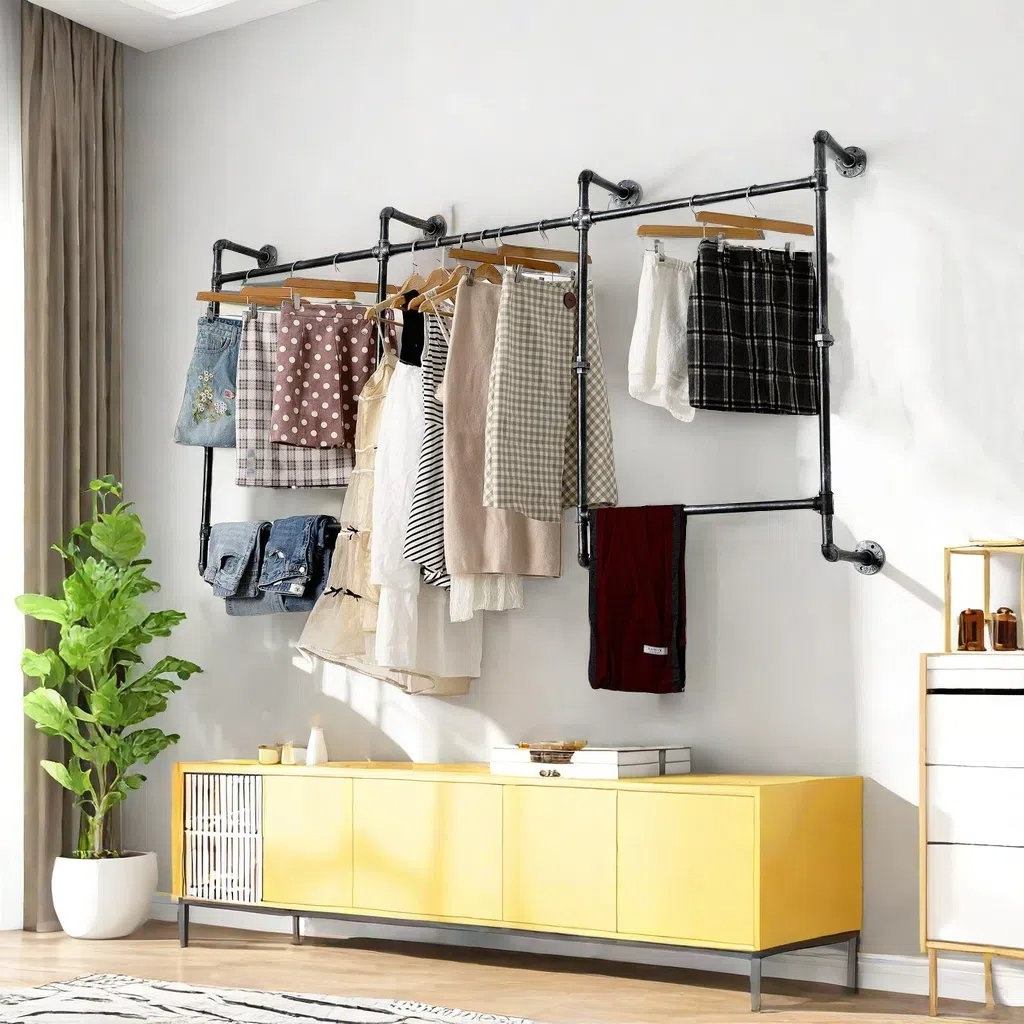 Williston Forge Industrial Pipe Clothing Rack Wall Mounted Garment Rack ...